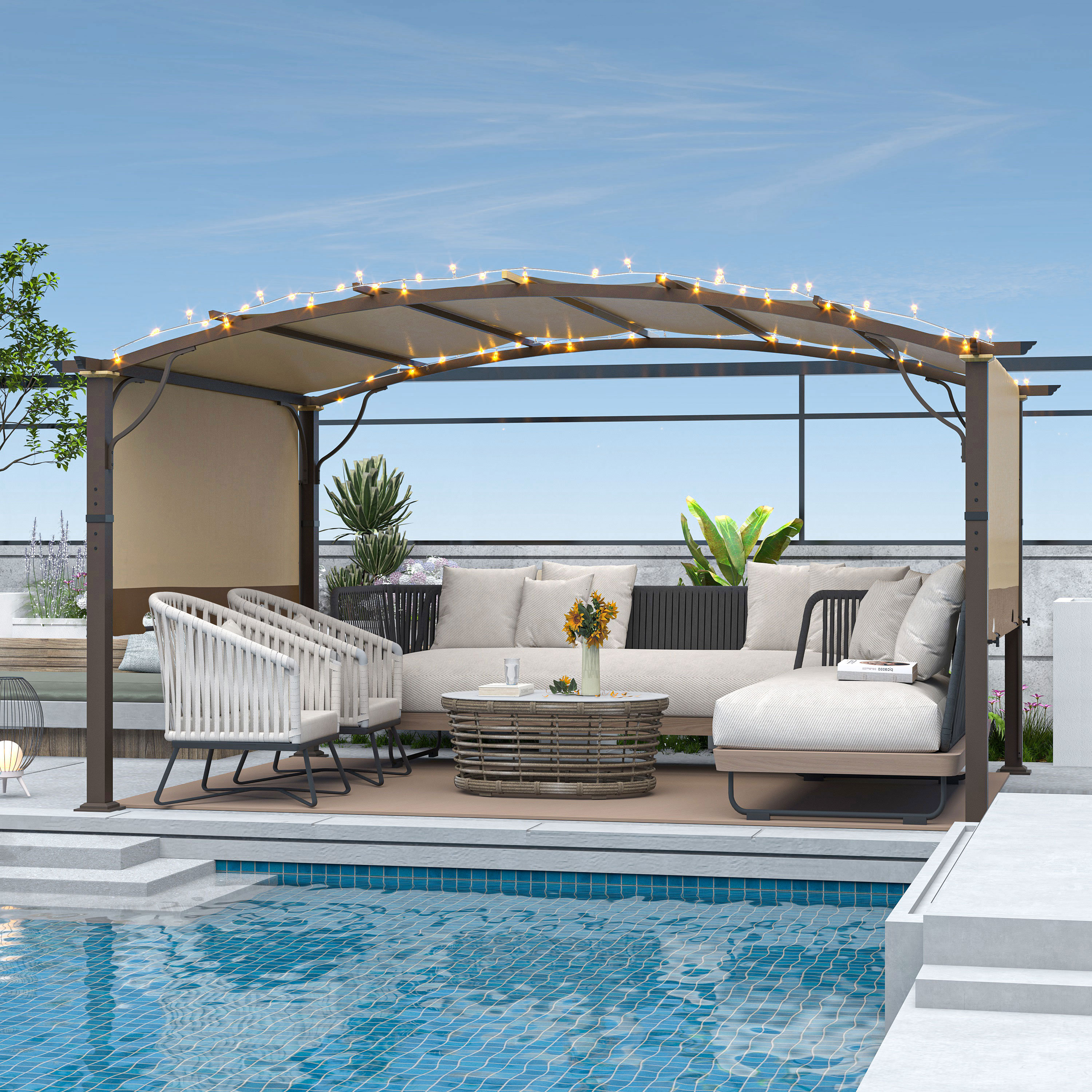 EGEIROS LIFE Aluminum Outdoor Pergola with Slightly Arched Canopy and Retractable Shade ...