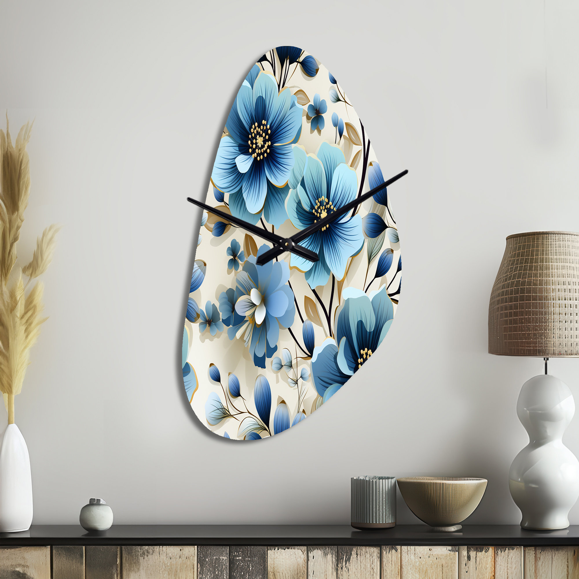Design Art Blue Coastal Elegance Floral Pattern - Fall Shape Large Blue ...