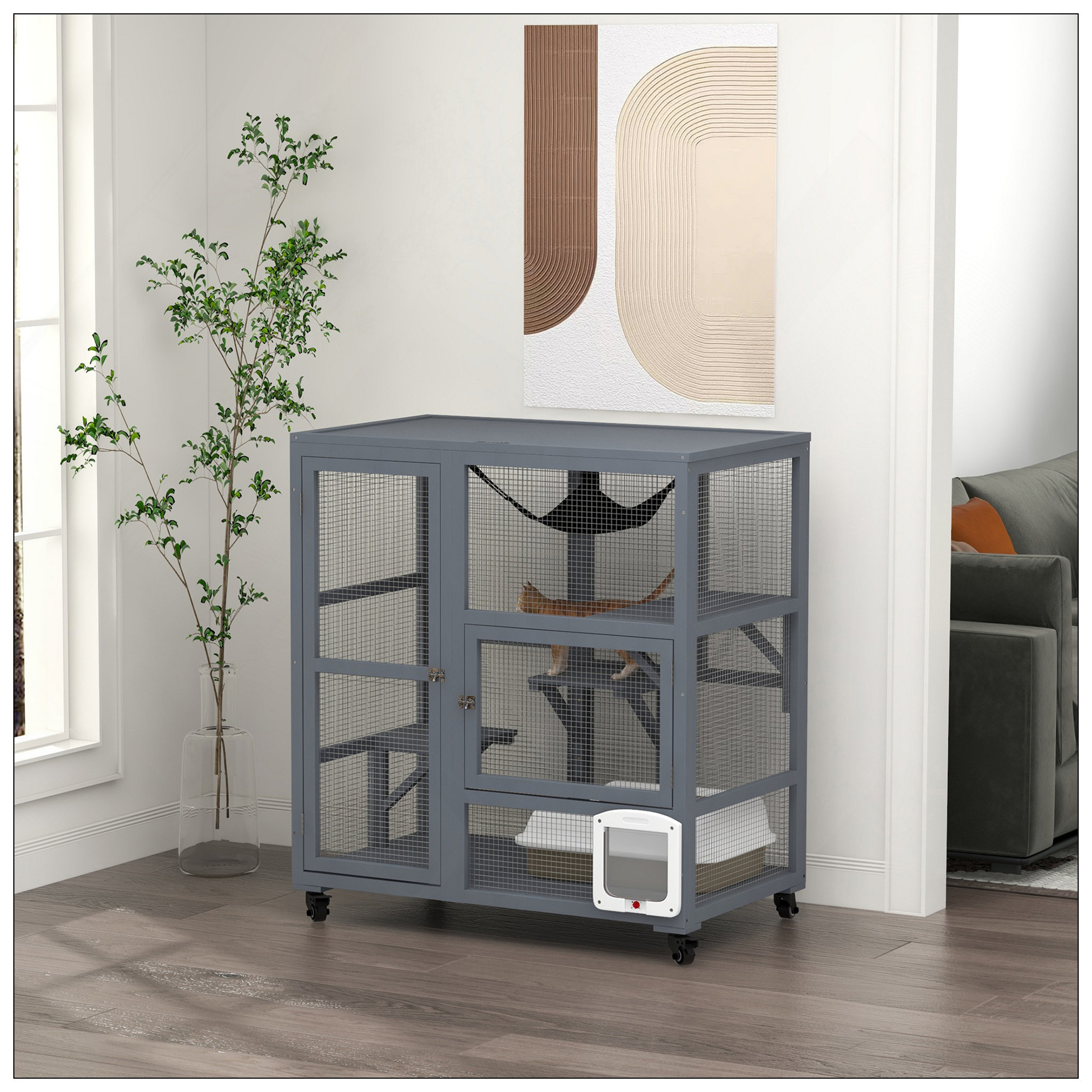 REDmintss Indoor Wooden Cat Enclosure With Wheels, Multiple Platforms ...