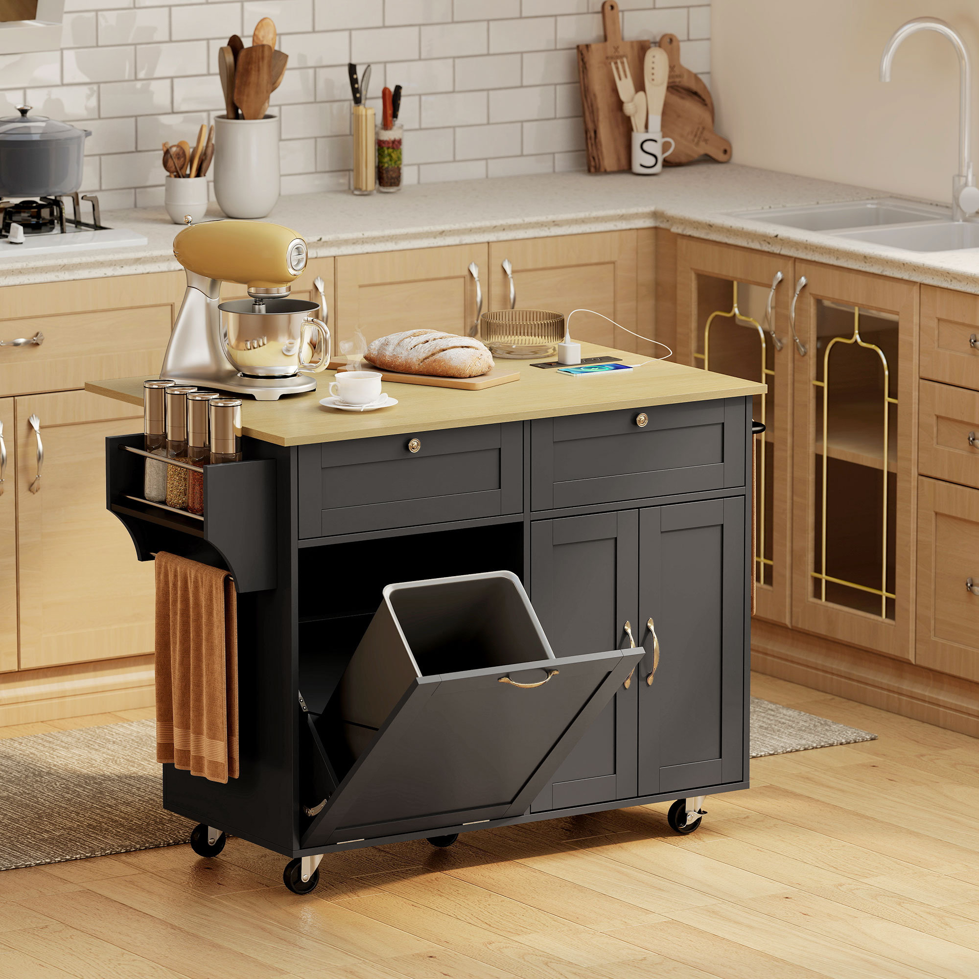 Red Barrel Studio 51" Kitchen Island with Power Outlet Drop Leaf ...