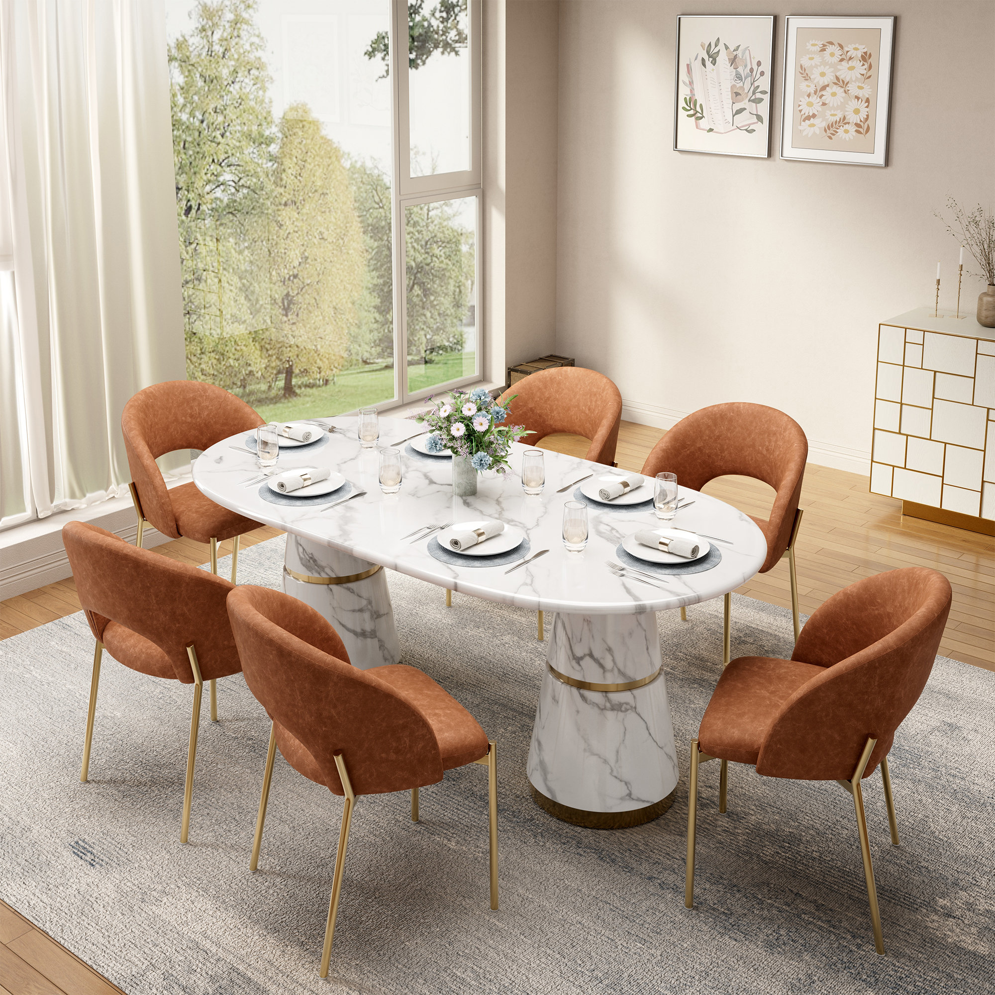 Everly Quinn 7 Piece Marble Table Pu Leather Chair Dining Set | Wayfair