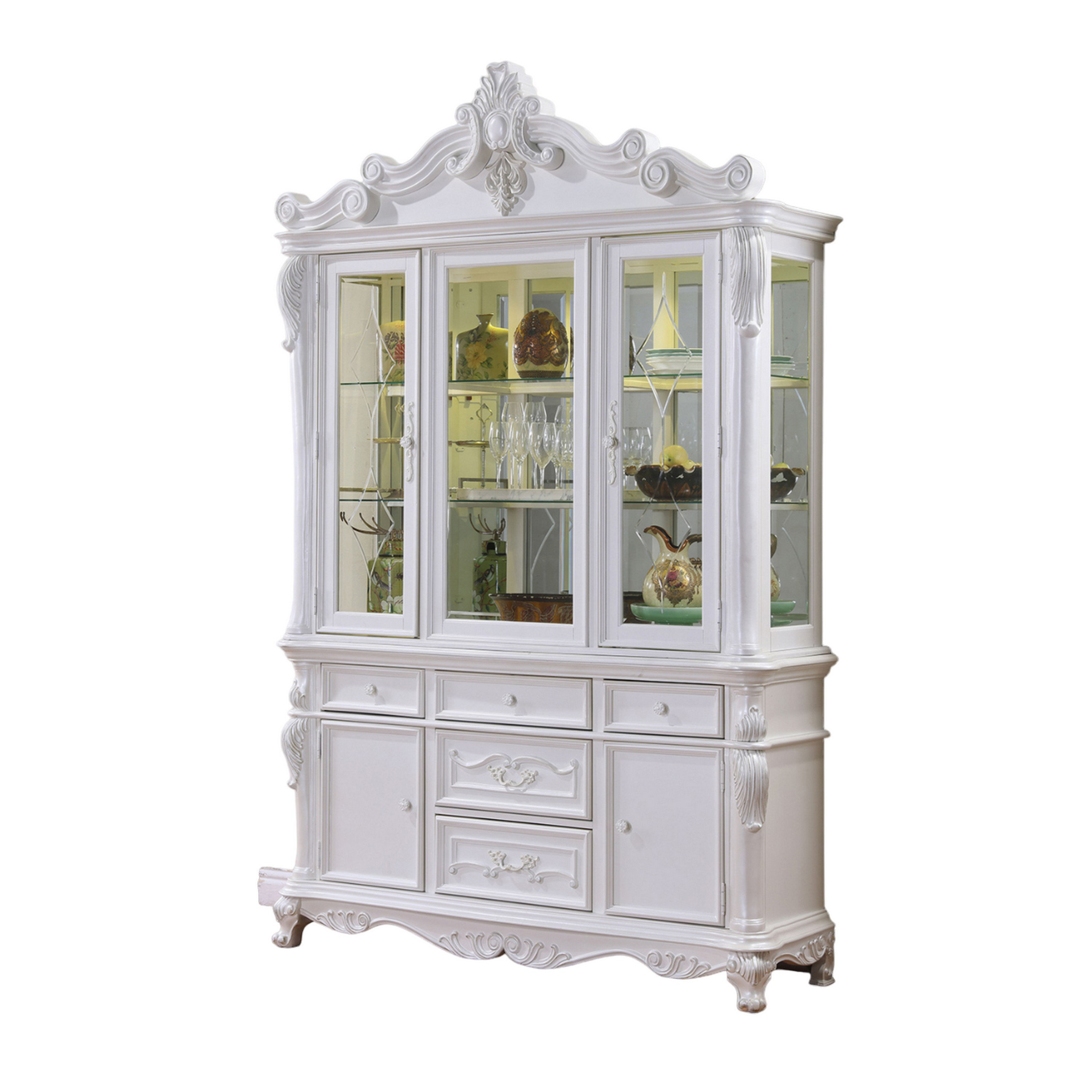 Benjara Zenie Buffet Cabinet And Hutch, Classic Carved, Solid Wood ...