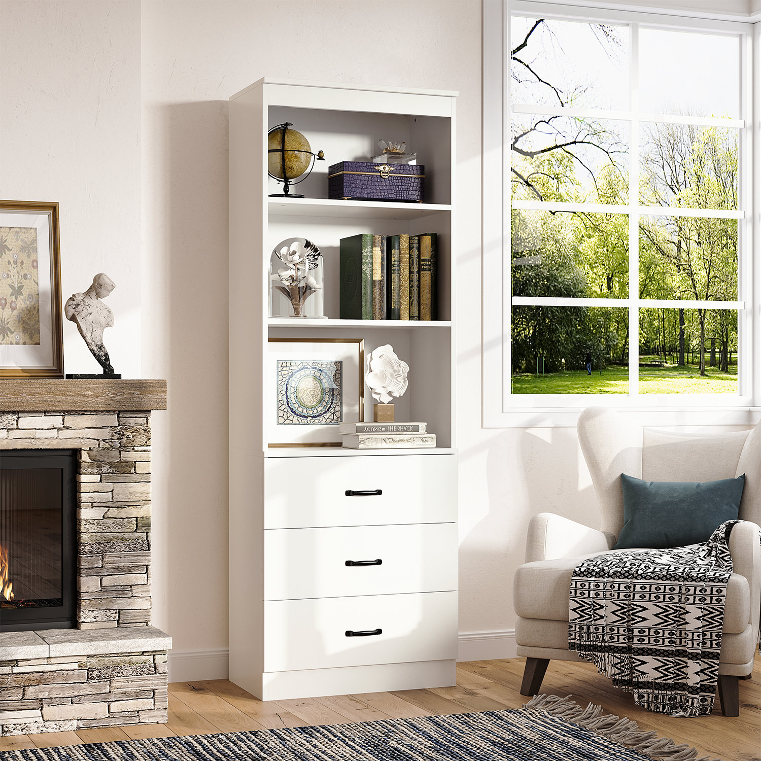 Ebern Designs 69" H Bookshelf With Drawers, Bookcase With 3-tier Open ...