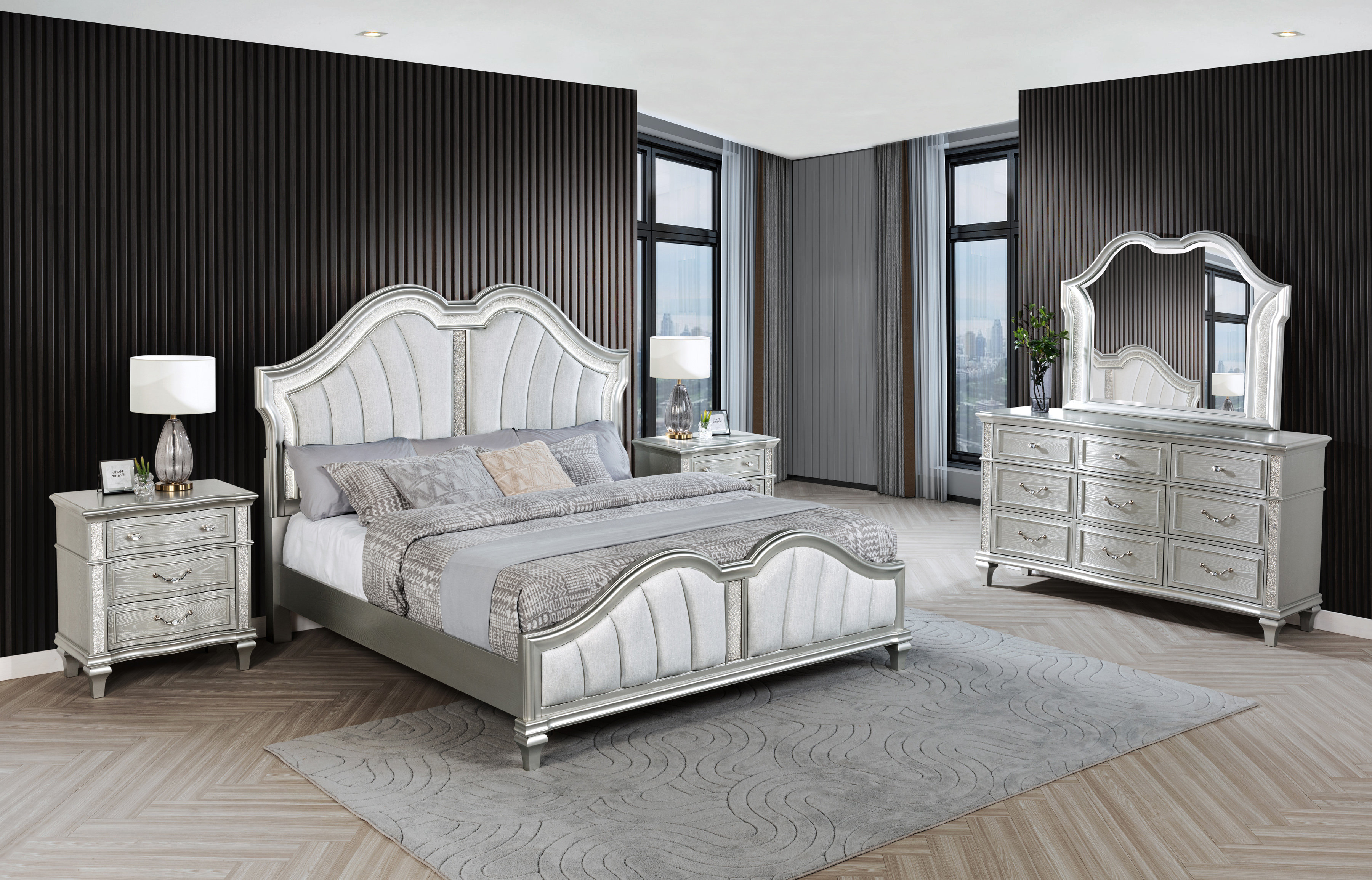 Rosdorf Park Silver Bedroom Set With LED Lights And Upholstered ...