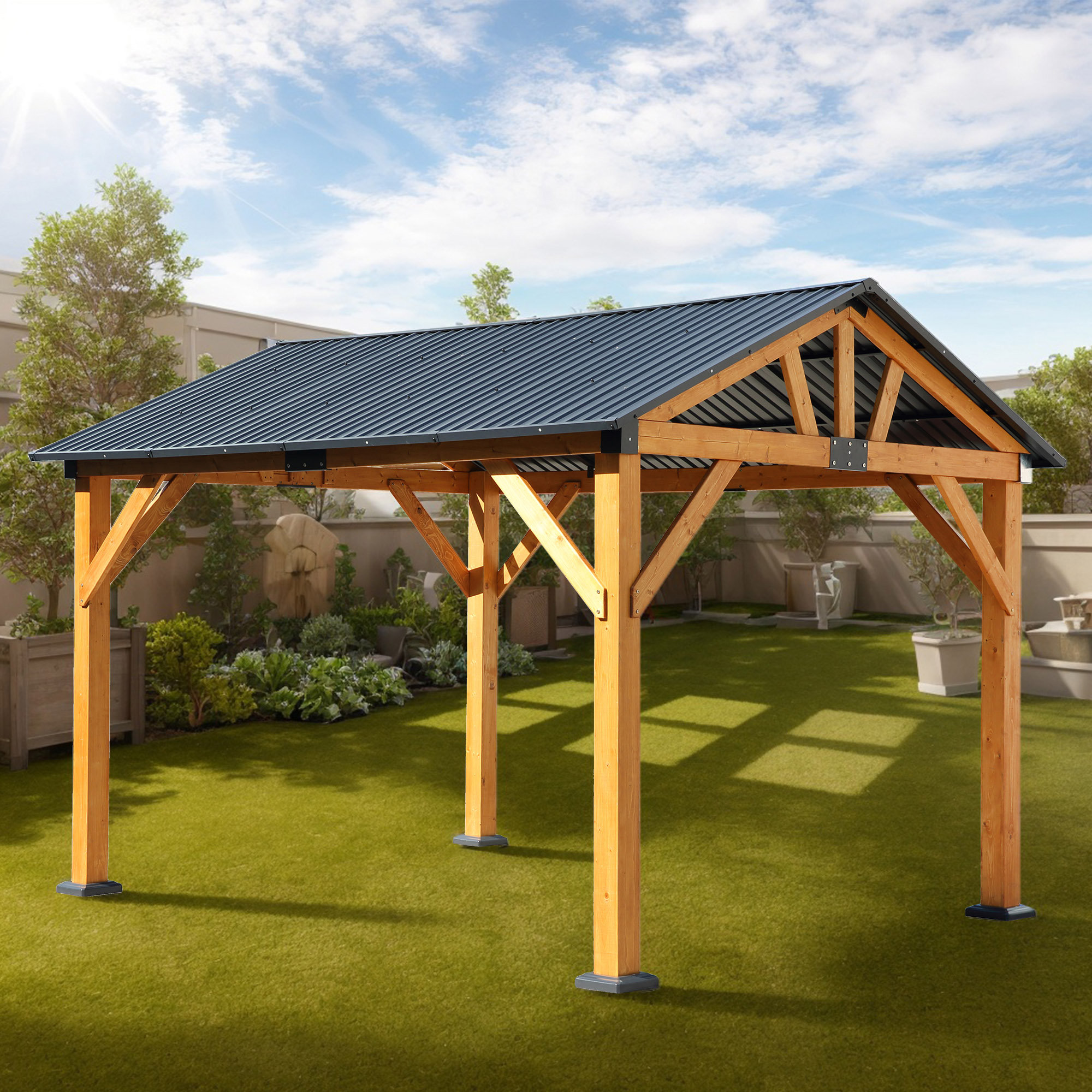 BVNECXP Fir Wood Carport Pavilion Gazebo, Shade, Rain, Hard Top Steel ...
