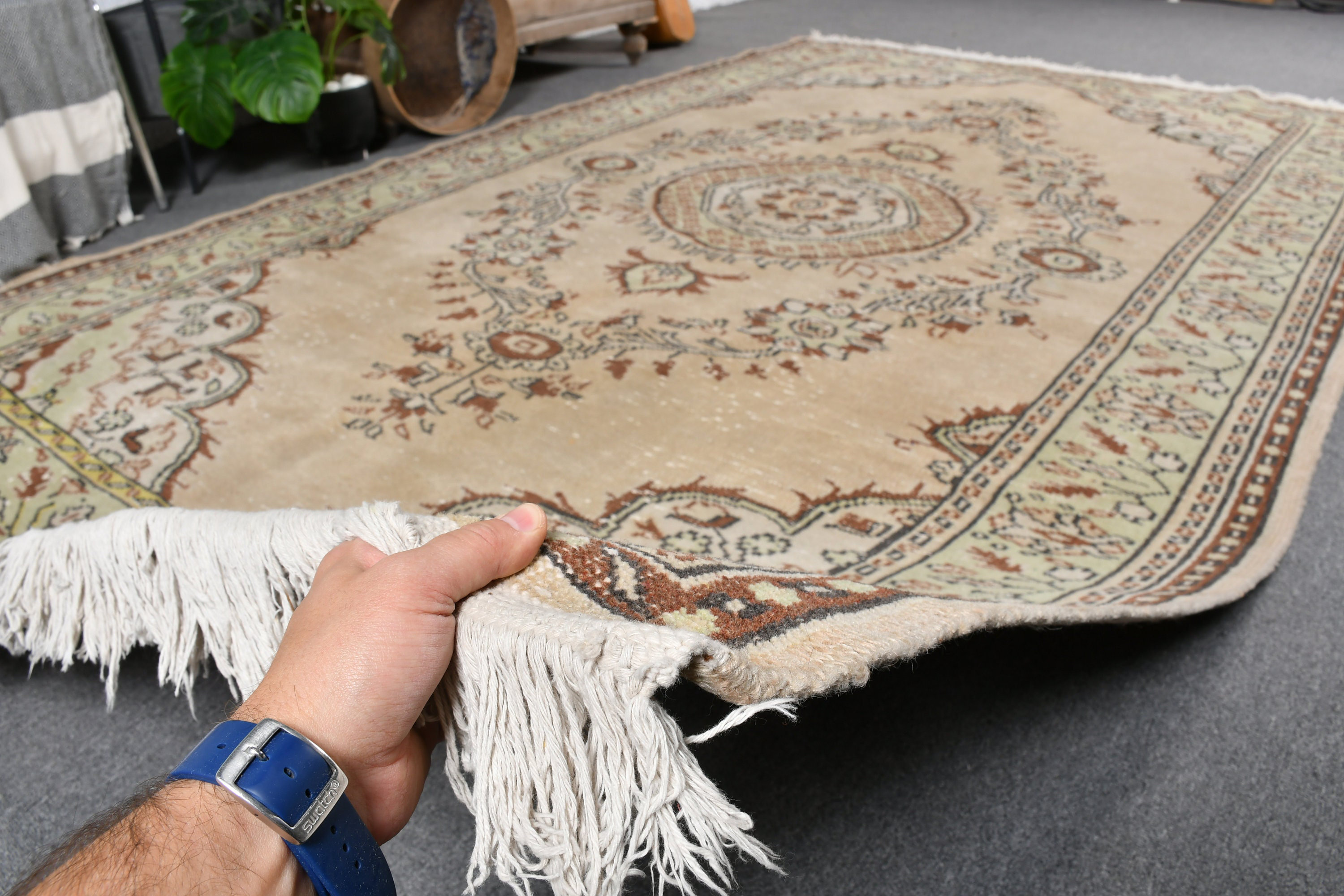 Bungalow Rose Large Turkish Oushak Vintage Style Beige Rug with Medallion Design for Elegant ...
