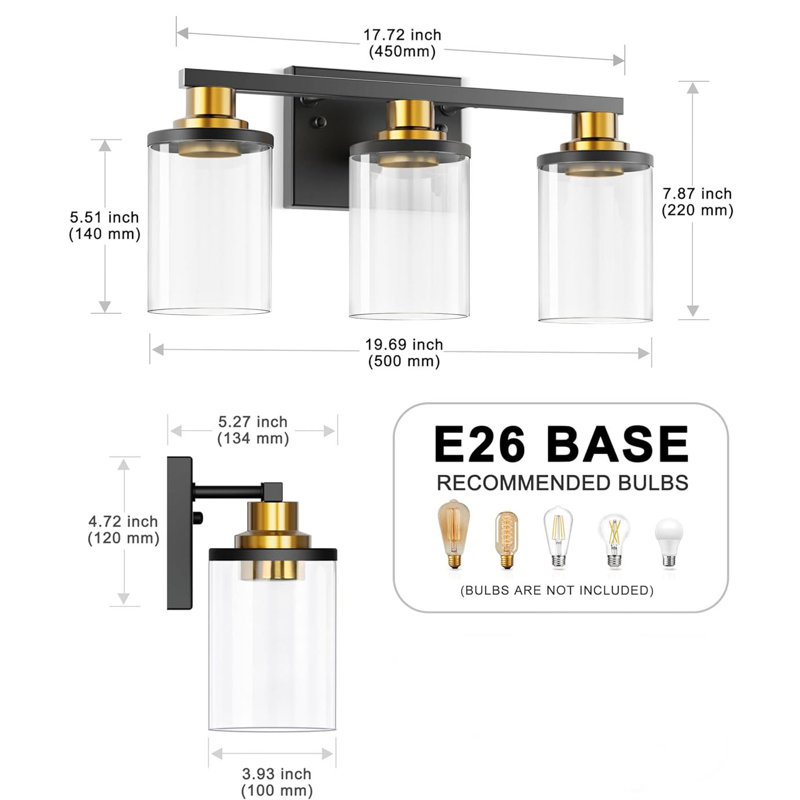 Mercer41 Bathroom Light Fixtures, 3-Light Black And Gold Bathroom ...
