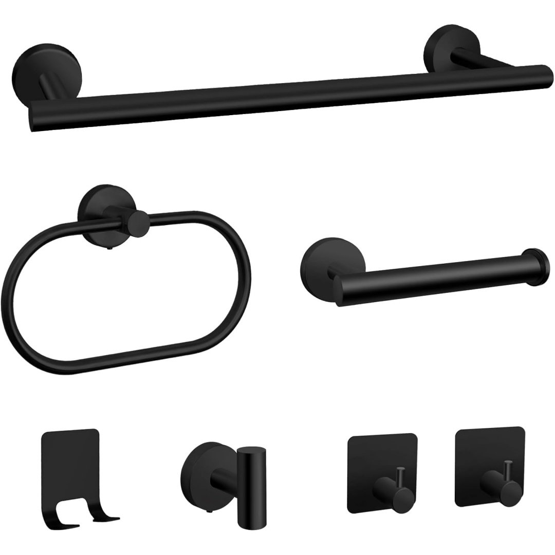 Latitude Run® 7 PCS Bathroom Hardware Set, Matte Black Stainless Steel ...