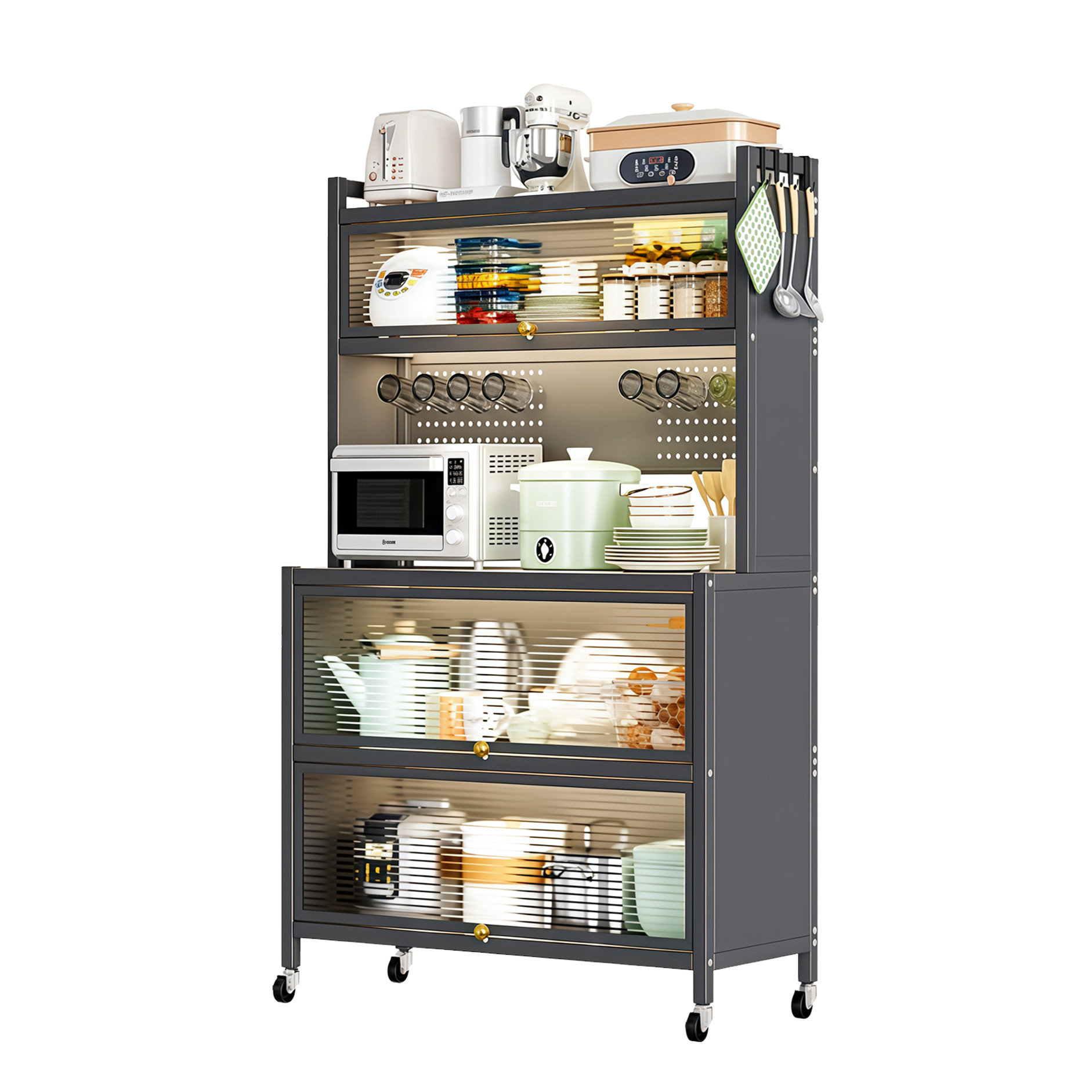 Ebern Designs 64" Kitchen Pantry Cabinet, 5 Tier, Metal, Wheels, 360 ...