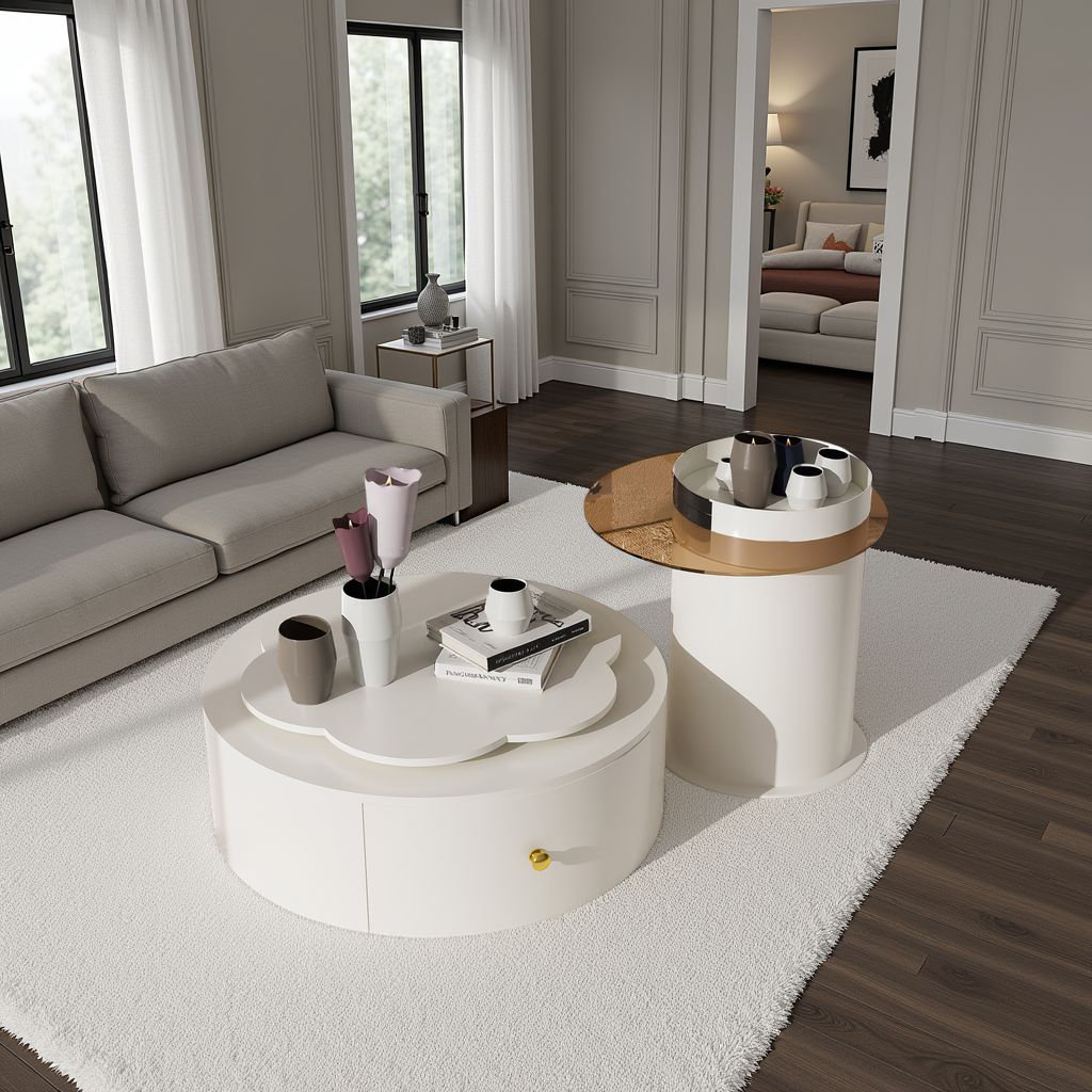 Ivy Bronx Modern Floral Coffee Table Set - 2-Piece Rotating Flower Top ...