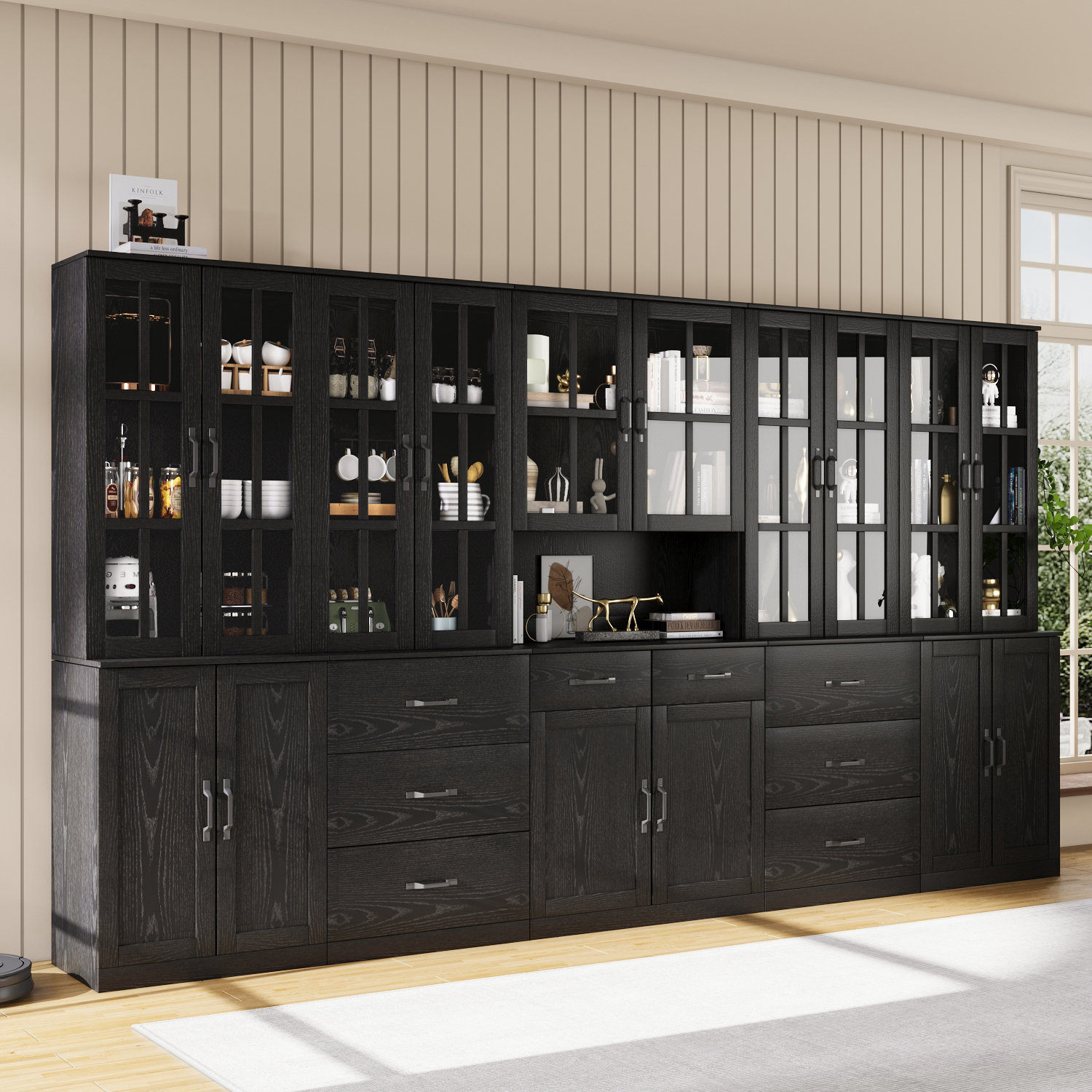 Hokku Designs 71" H X 126" W Kitchen Pantry With Bookcases, Glass Door ...