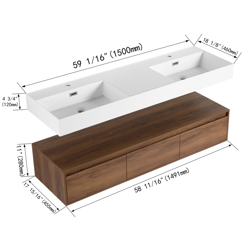 Hokku Designs 60" Double Sink Wall Mounted Bathroom Vanity Set ...