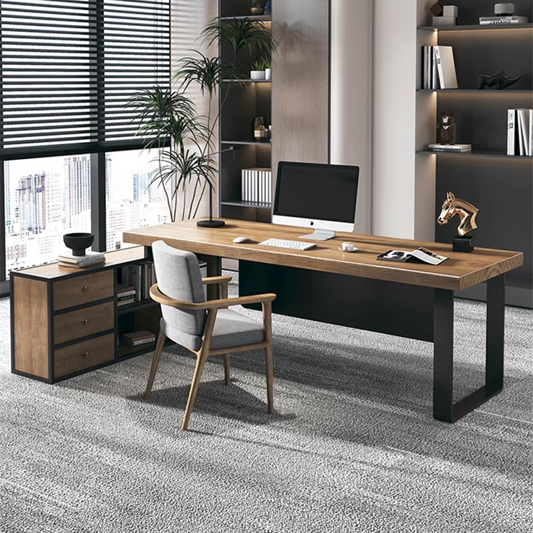 Flexy Infotech 78.74" Brown+Black L-Shaped Solid Wood+Iron Office Sets ...