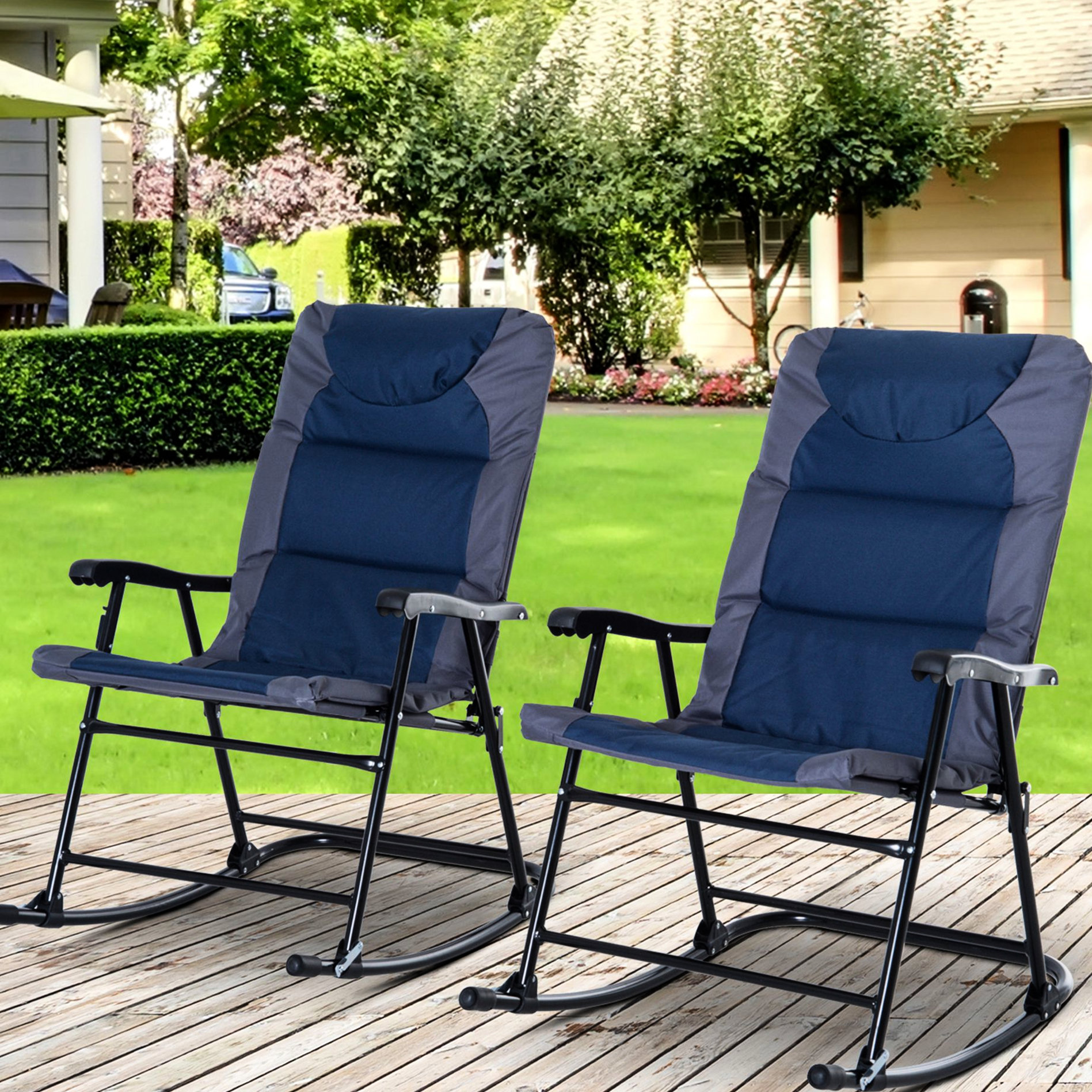Ebern Designs Folding Outdoor Rocking Chairs, 2 Patio Furniture In Navy ...