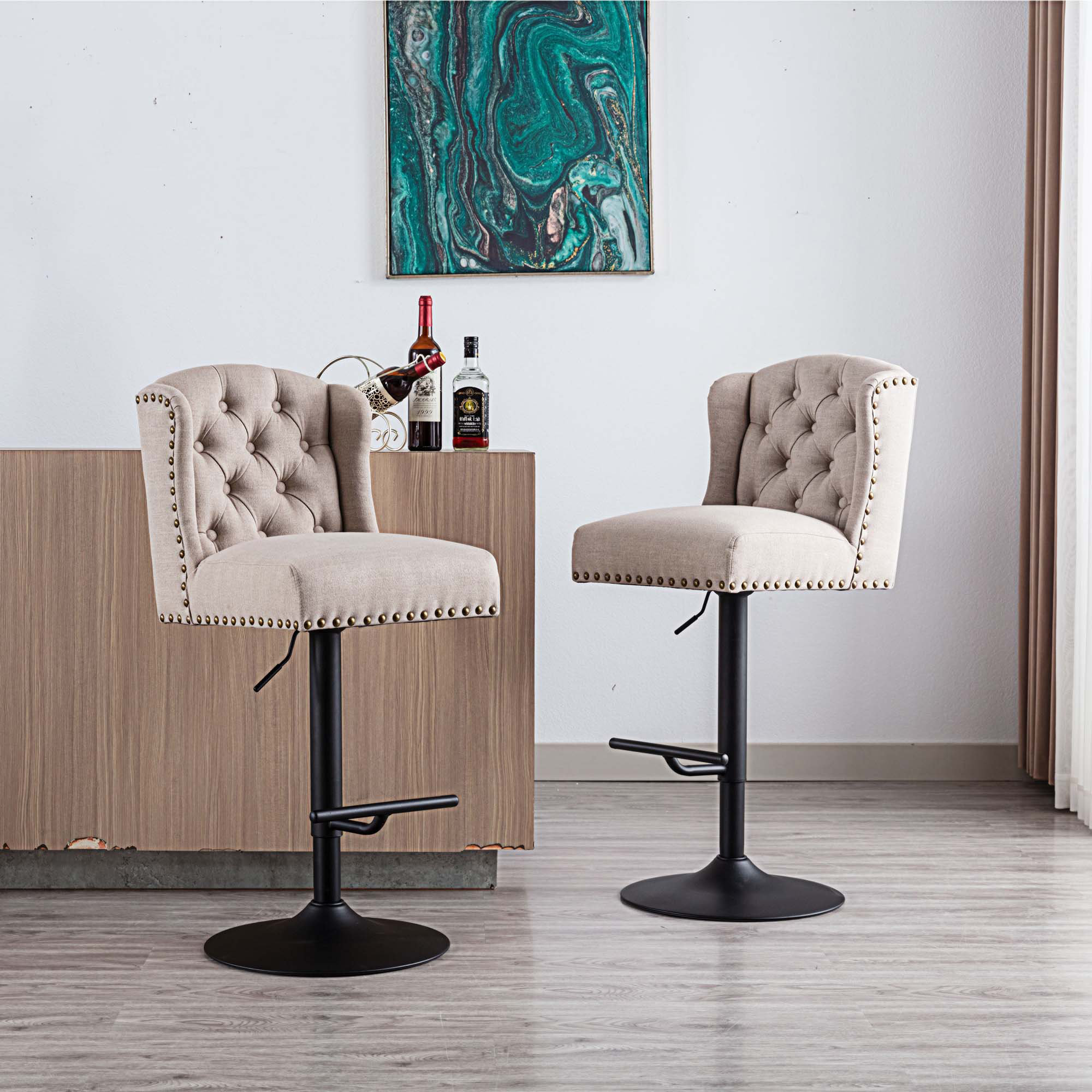 Winston Porter Adjustable Height Linen Padded Swivel Bar Stool | Wayfair