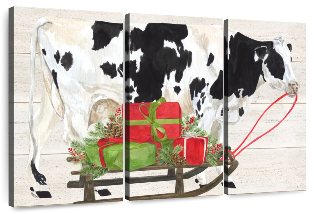 The Holiday Aisle® Christmas On The Farm I - Cow With Sled | Wayfair