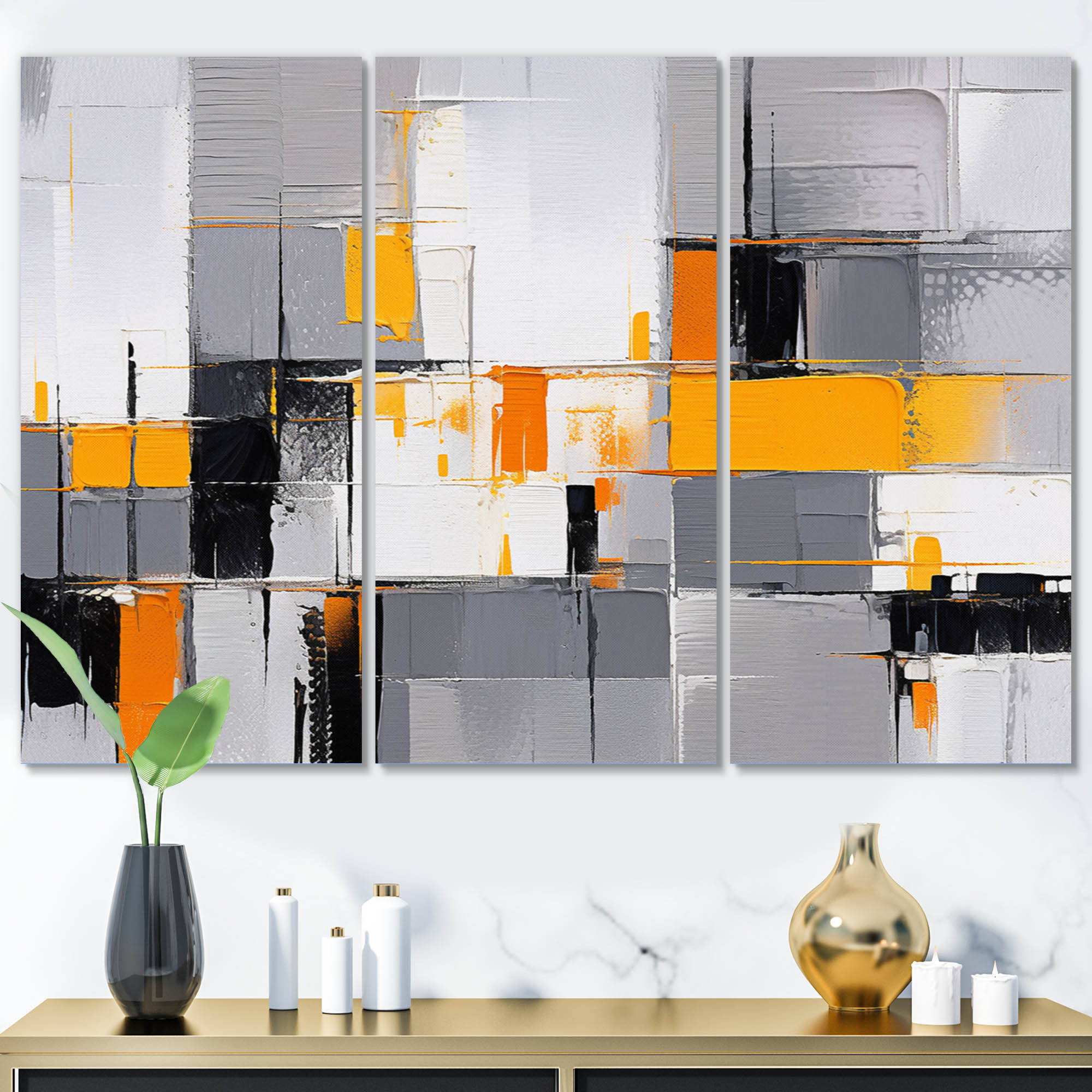 Wrought Studio™ Yellow Gray Bold Stripes On Metal 3 Pieces Print | Wayfair