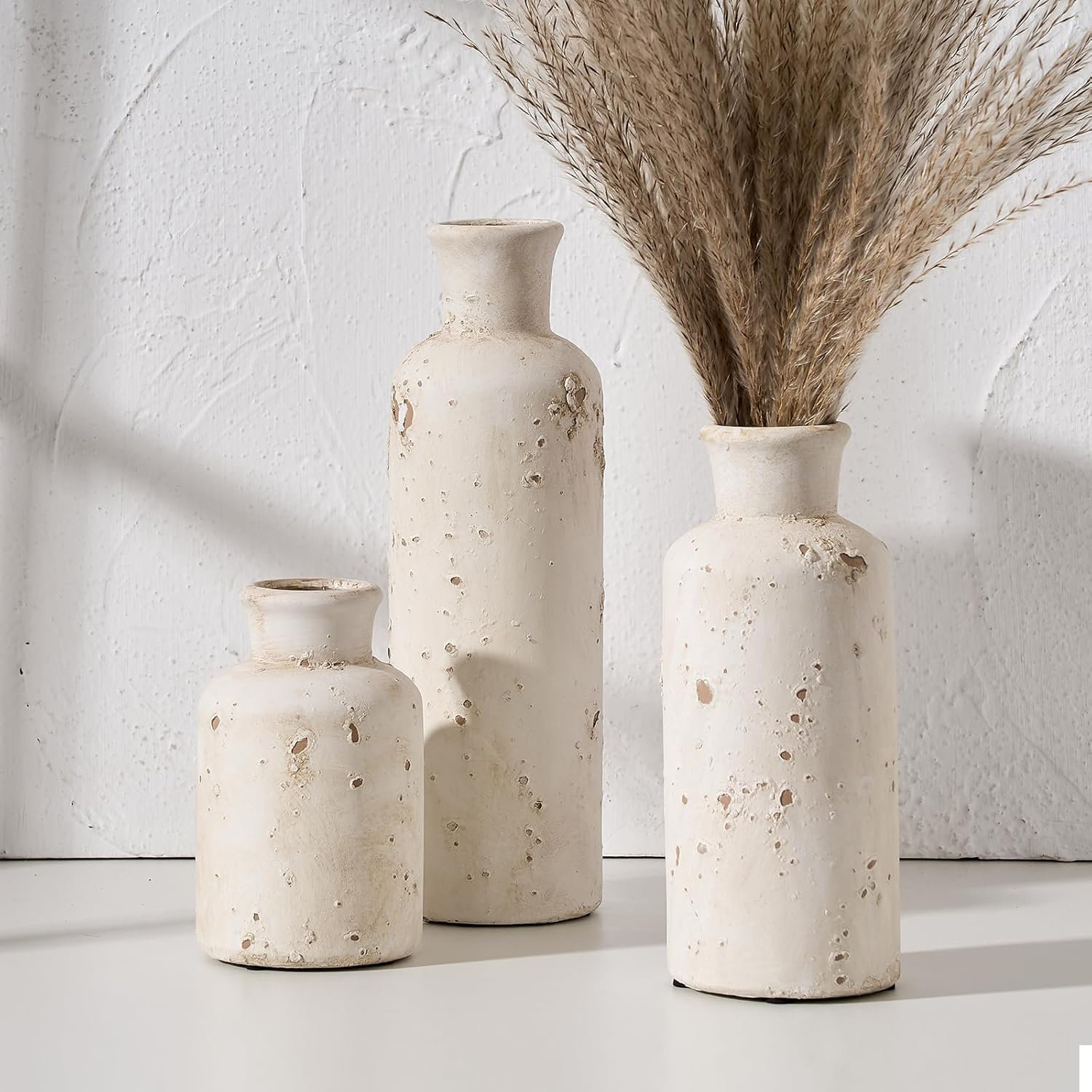 August Grove® Set Of 3 Ceramic Rustic Farmhouse Vases, Whitewashed ...