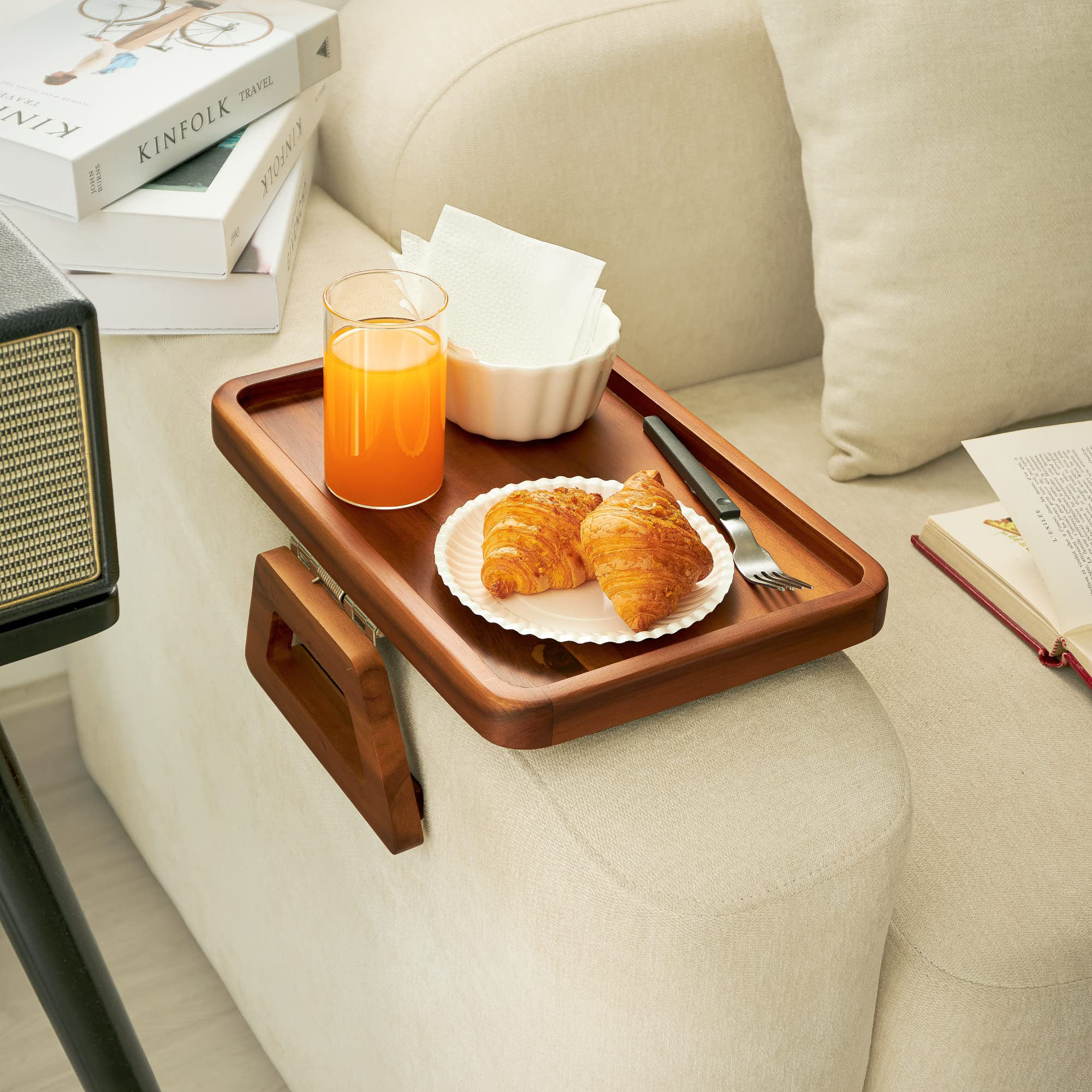 Millwood Pines Acacia Couch Arm Table - Wooden Sofa Armrest Tray - Clip ...