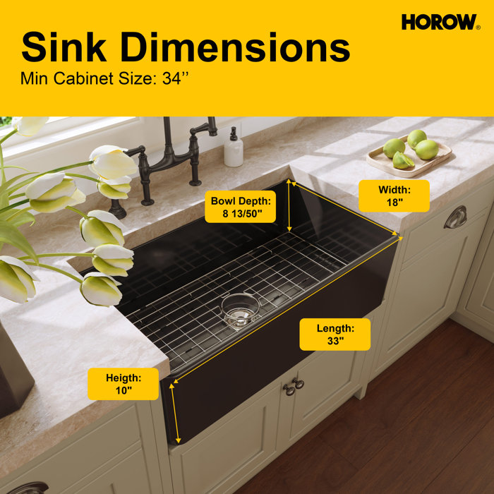 HOROW Hadley 33" L x 18" W Fireclay Farmhouse Kitchen Sink with Sink ...