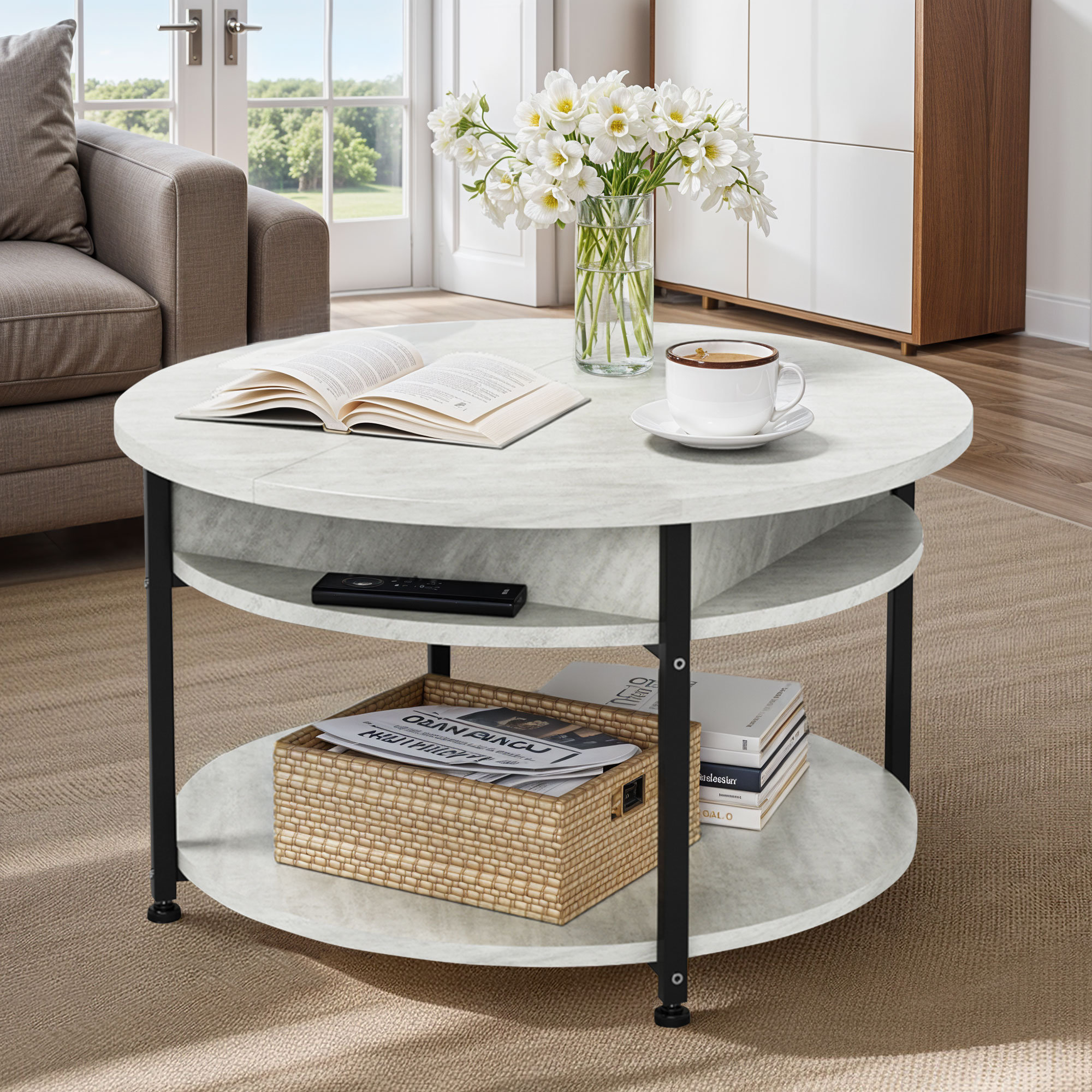 Mercer41 Multifunction Lift Top Round Coffee Table with Metal Base ...