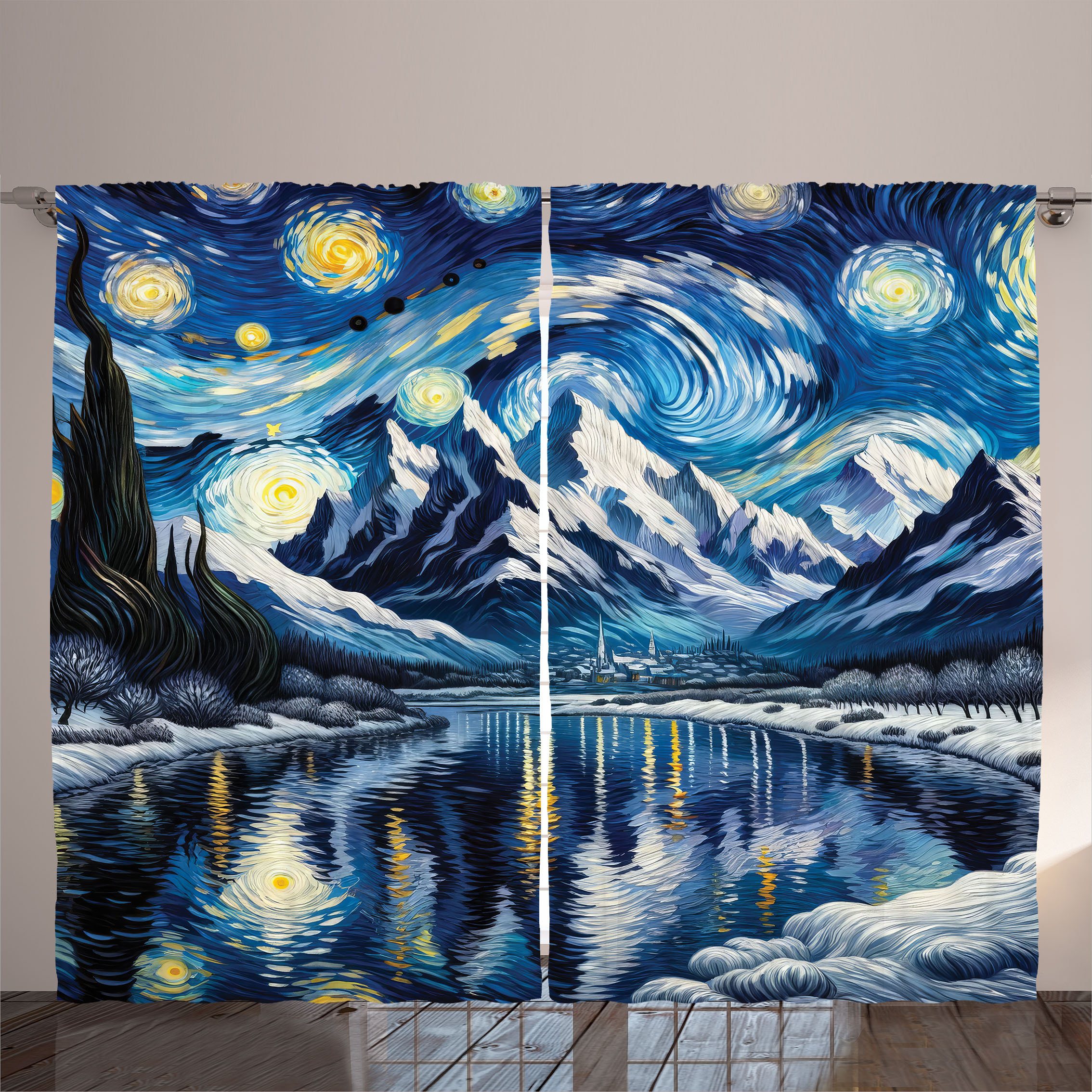 Ambesonne Curtains 2 Panel Set, Starry Sky Lake Night, Royal Blue and ...