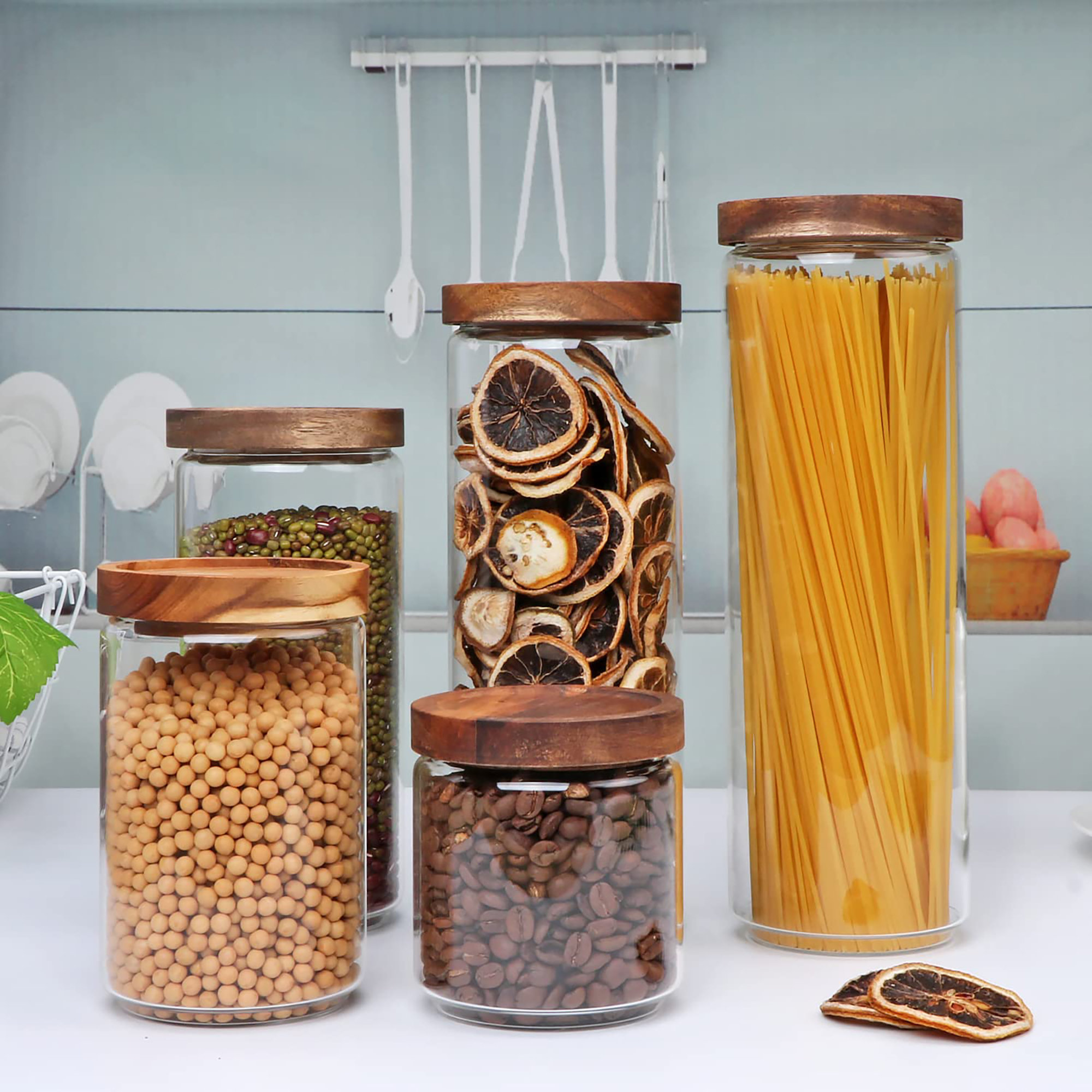 Latitude Run® Kitchen Storage Glass Jars with Wooden Lids (5pcs ...