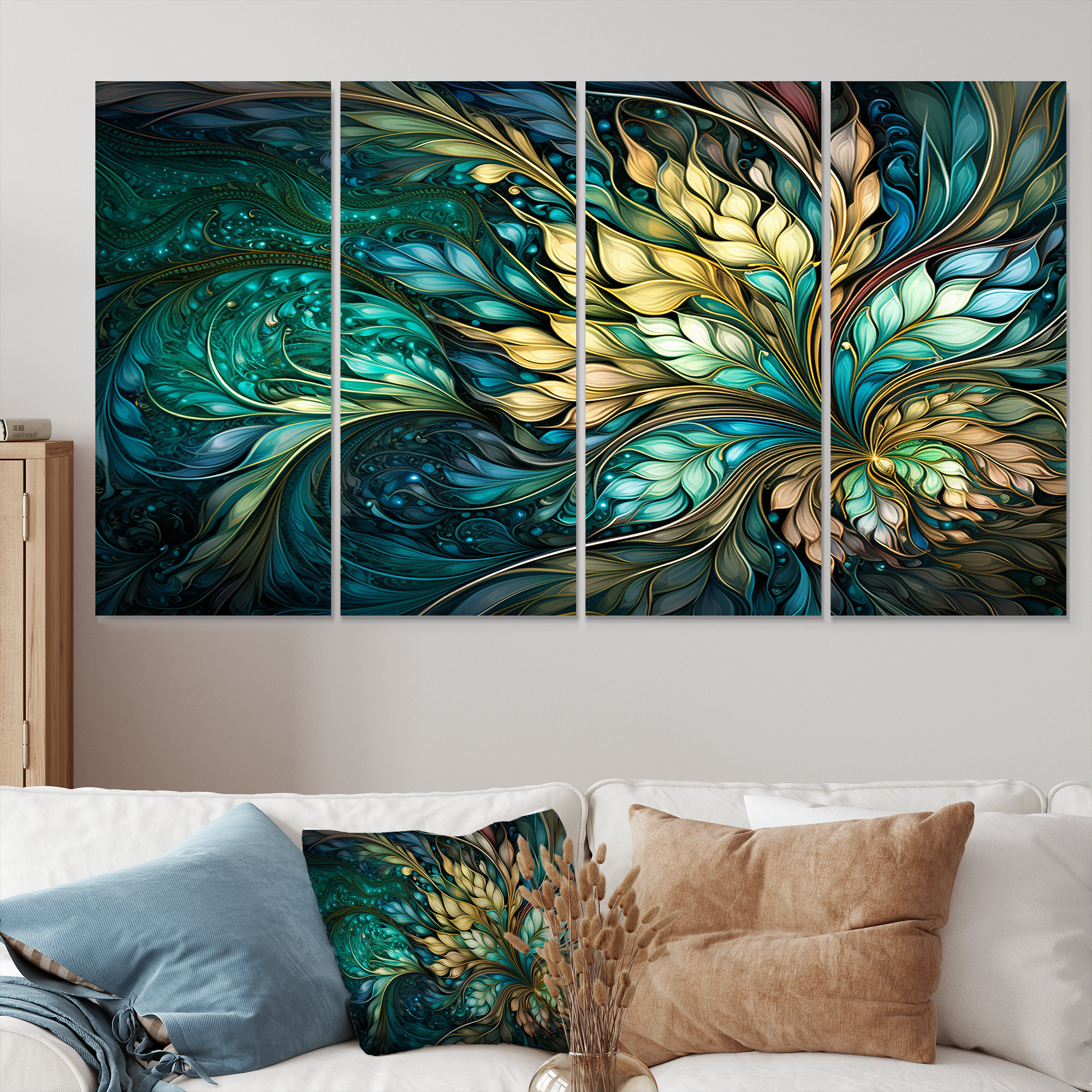 Design Art Turquoise Art Nouveau Spiral Leaves - Botanicals Wall Art 4 ...