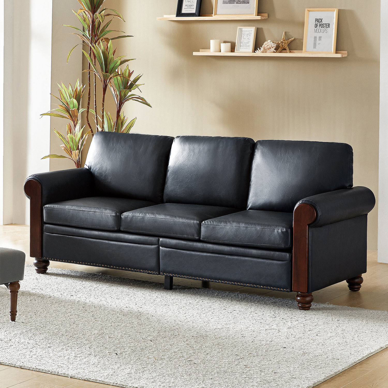 Charlton Home® Cintia 81" Vegan Leather Sofa with Wooden Decoration ...