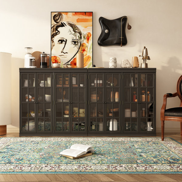 Lark Manor Amaziah 94.4" Elegant 8-Door Glass Display Sideboard with ...