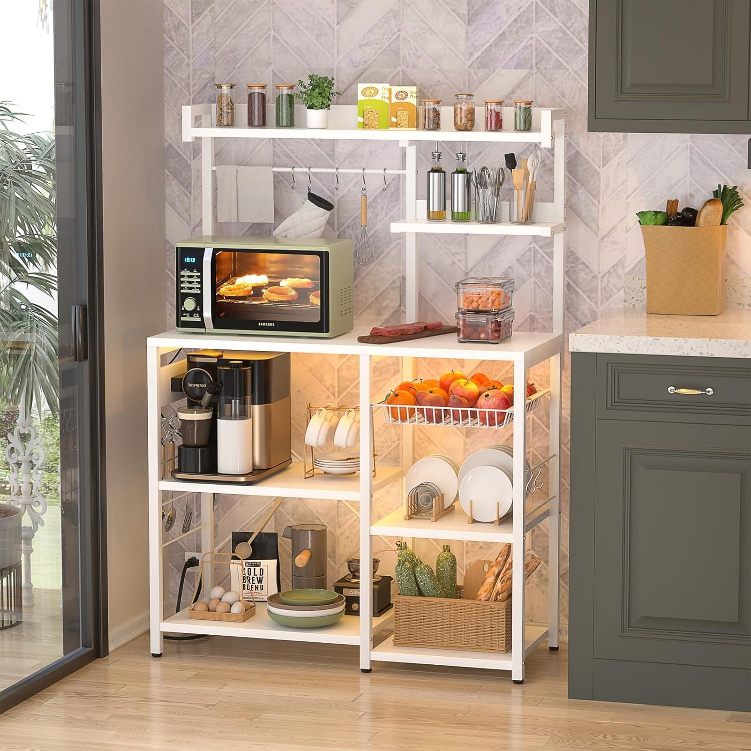 Ivy Bronx Bakers Rack with Power Outlet and LED Light Strings - Wayfair ...