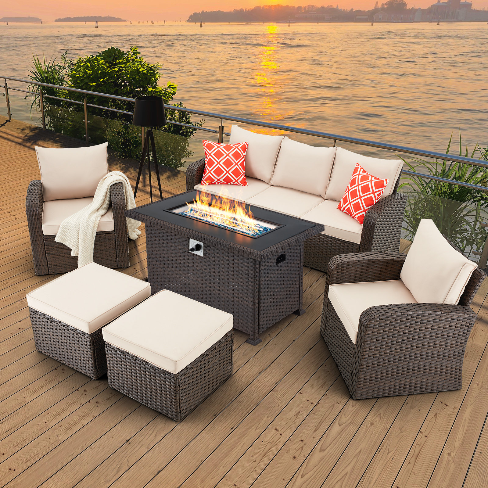 HOMREST Wicker/Rattan 7 - Person Seating Group with Fire Pit Table ...