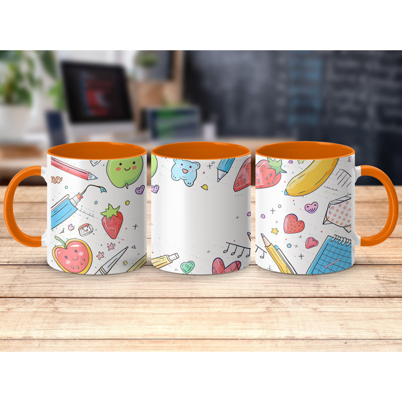 East Urban Home Set of 3 Kids Drawing Style 11oz Accent Mugs – White ...