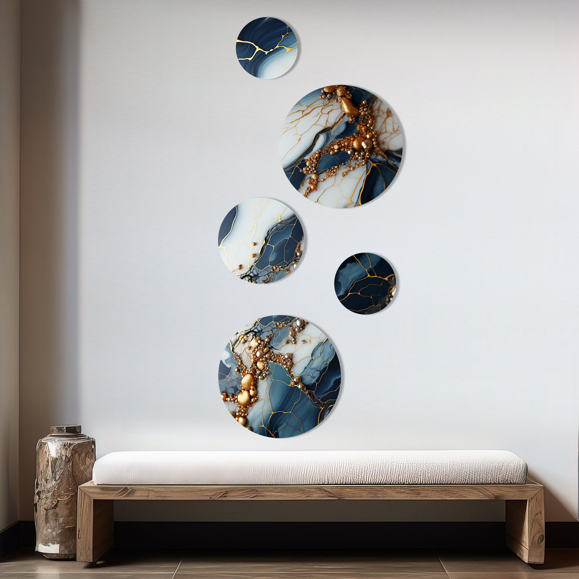 Mercer41 Gold And Blue Marble Ink Art V - Marble Round Wall Art Set Of 5 | Wayfair
