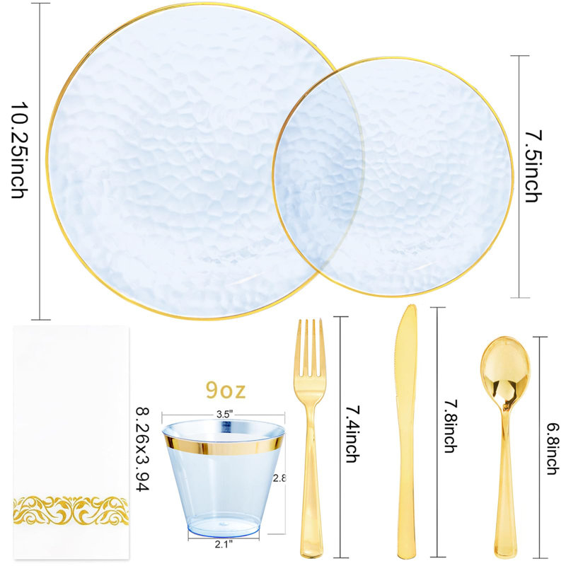 Everly Quinn 350 Pcs Clear Blue Gold Plastic Dinnerware Set (50 Guests ...