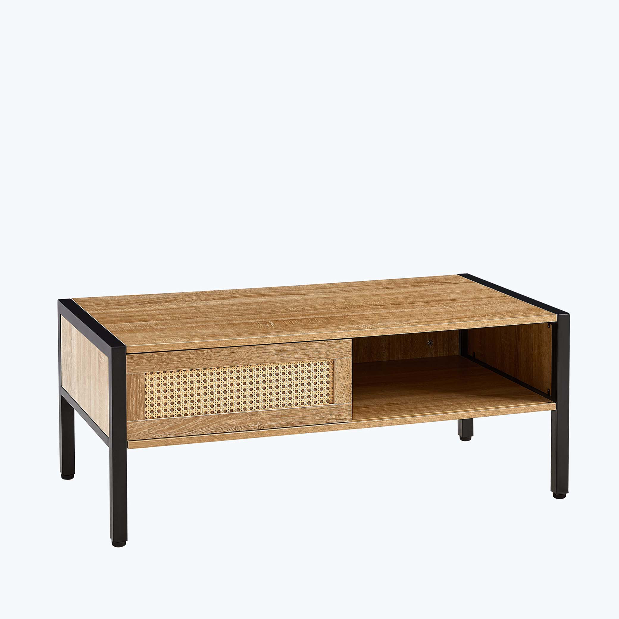 Bayou Breeze Rattan Coffee table, sliding door for storage, metal legs ...