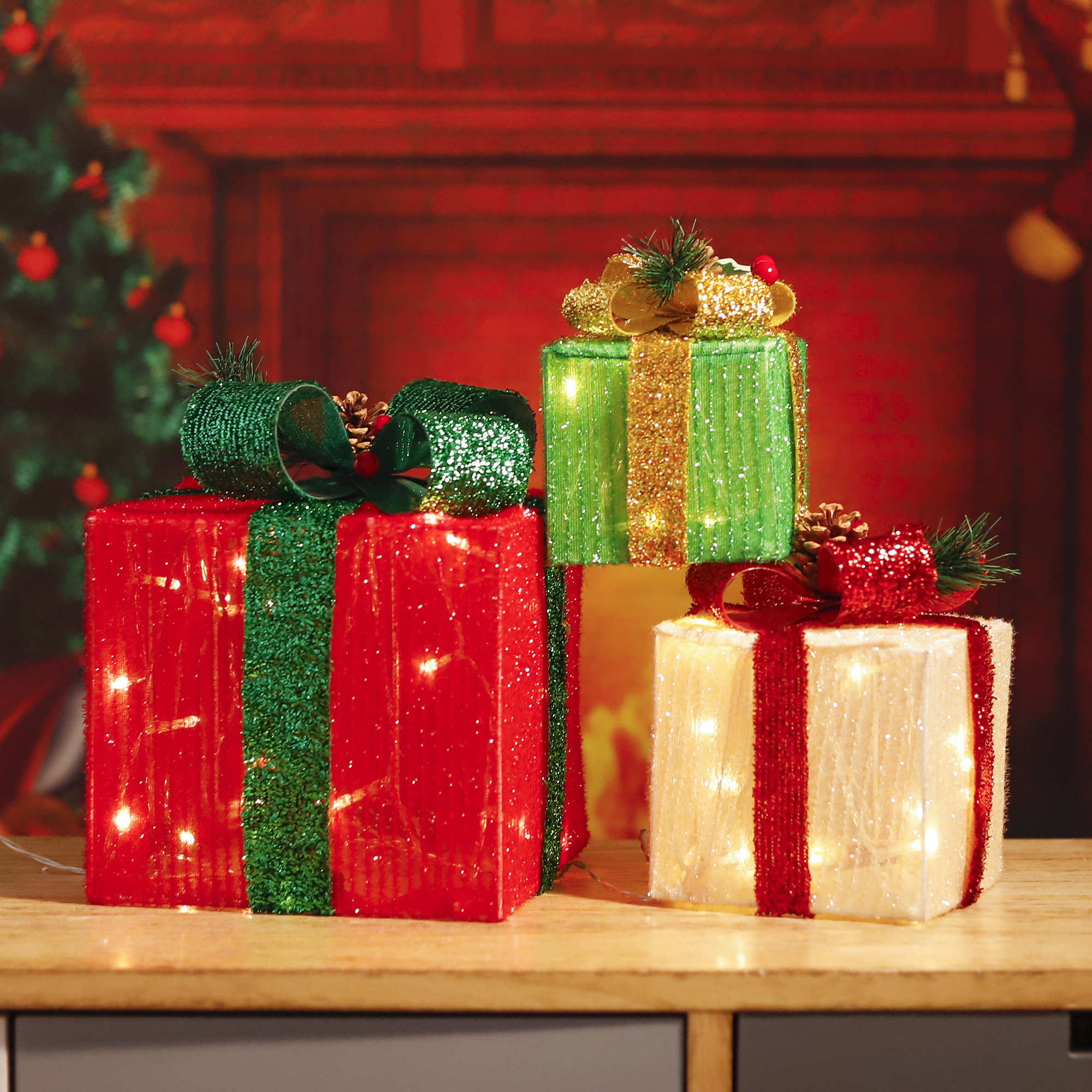 The Holiday Aisle® 3 Gift Boxes with LED Lights Battery Power ...