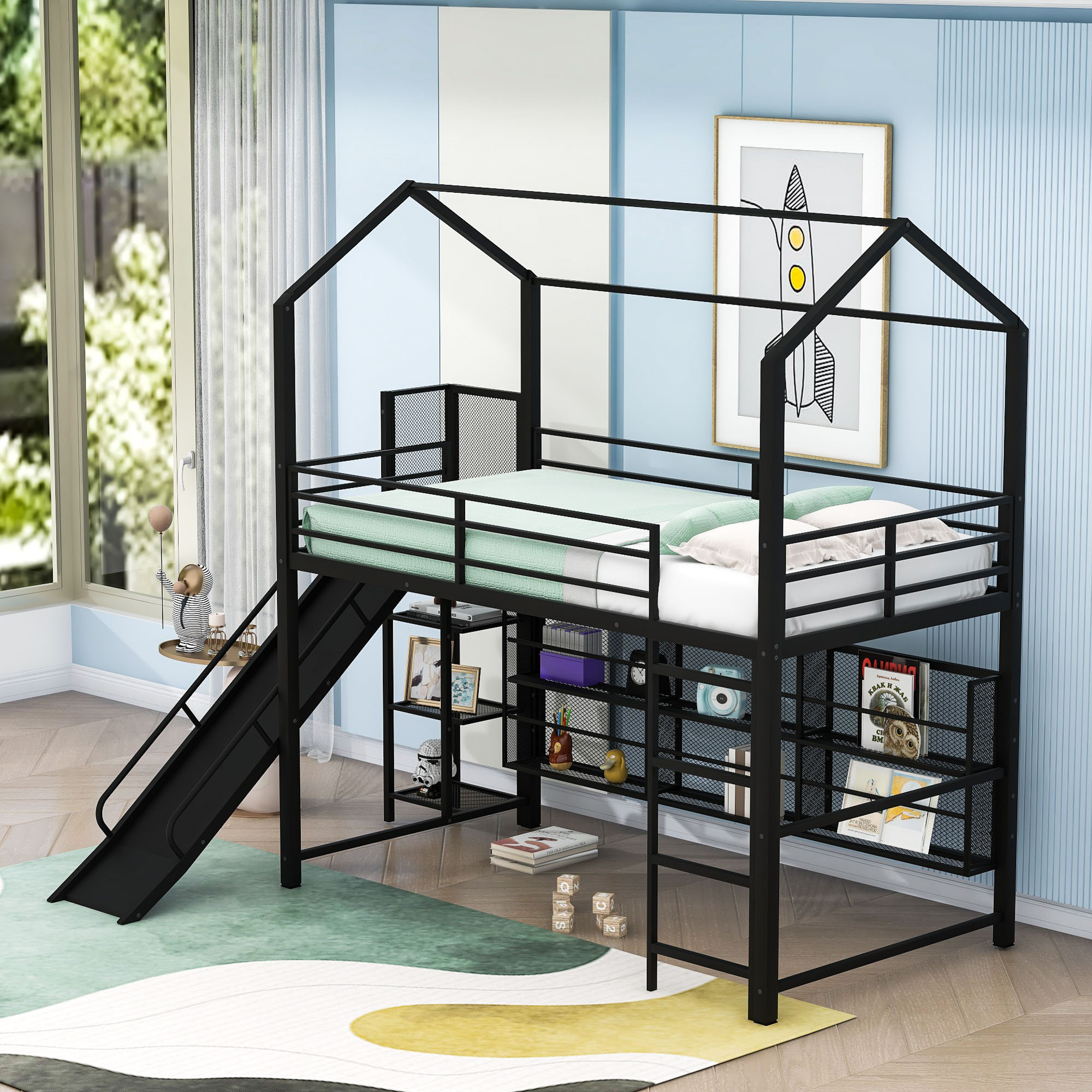 Harper Orchard Ashwina Twin House Metal Loft Bed With Shelves And Slide ...