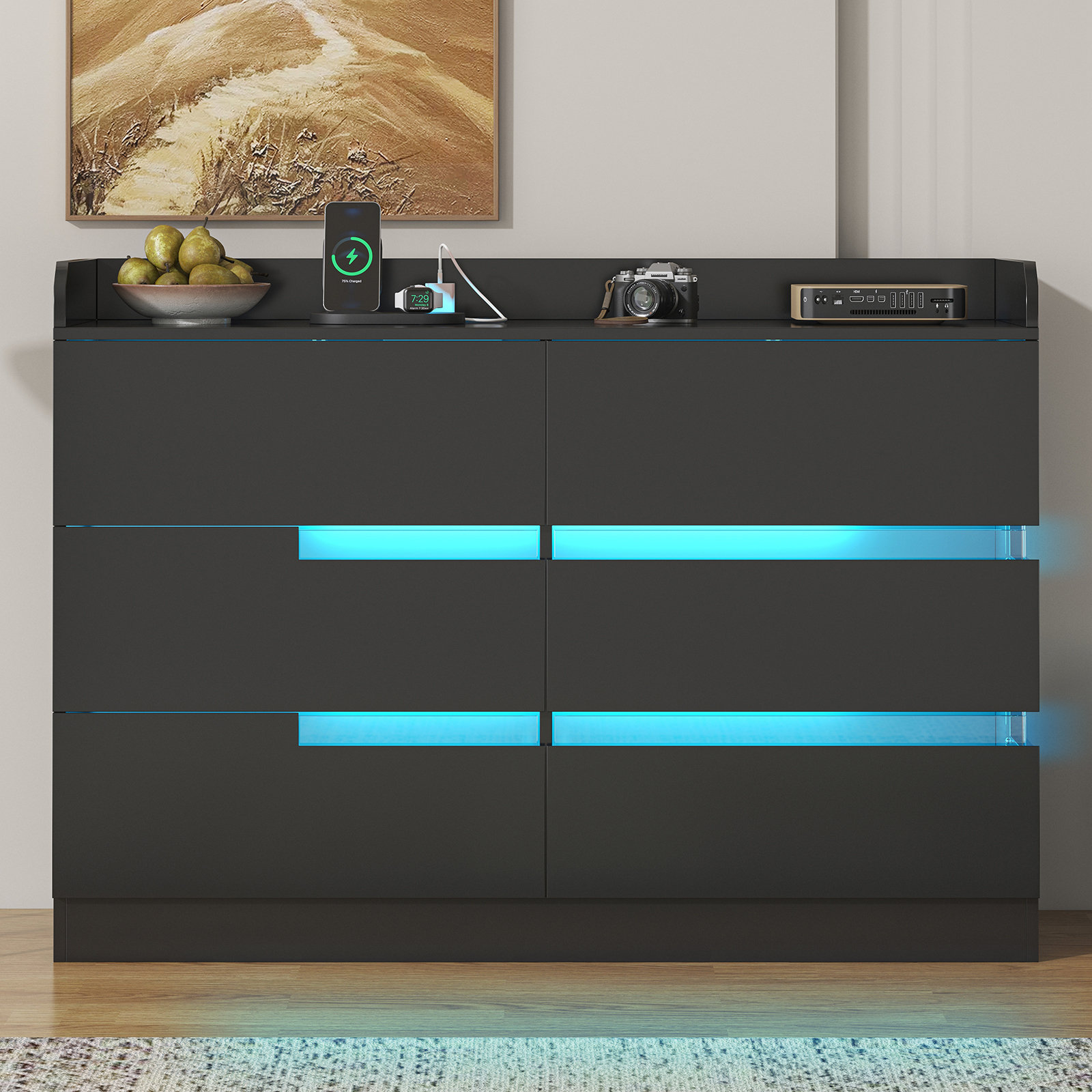 VVFLU 6 Drawer Dresser with Power Outlet, Black Dresser with LED Light ...