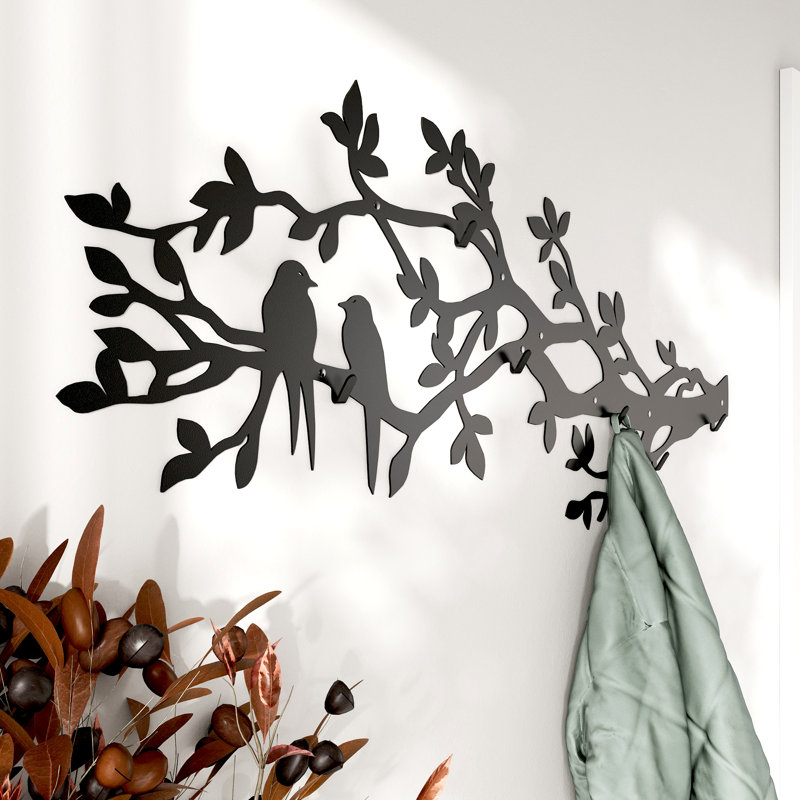 Latitude Run® Wall Mounted Metal Coat Rack, Tree Branch with Birds ...