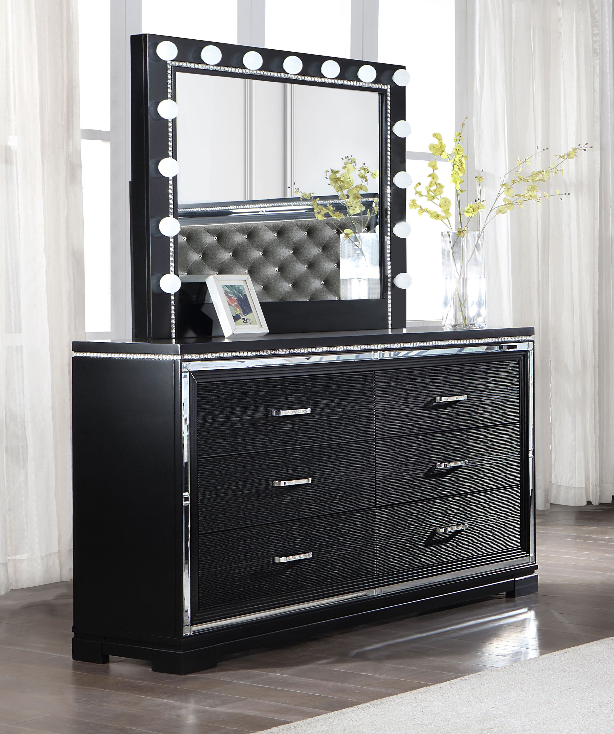 Everly Quinn Cappola 6-Drawer Dresser With Mirror Black | Wayfair