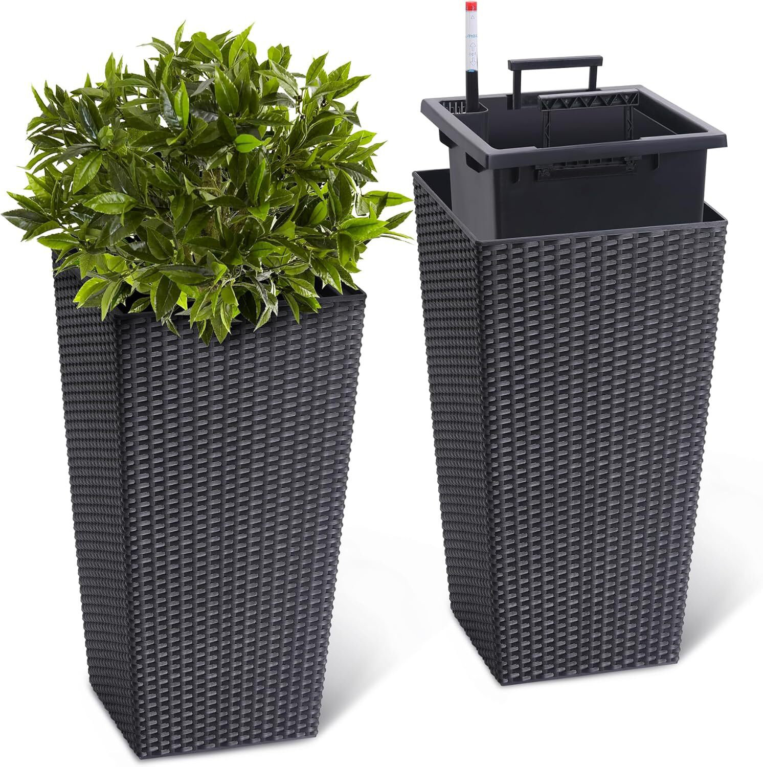 Latitude Run® Large Outdoor Tall Planter Black Flower Pots, 23" Rattan ...