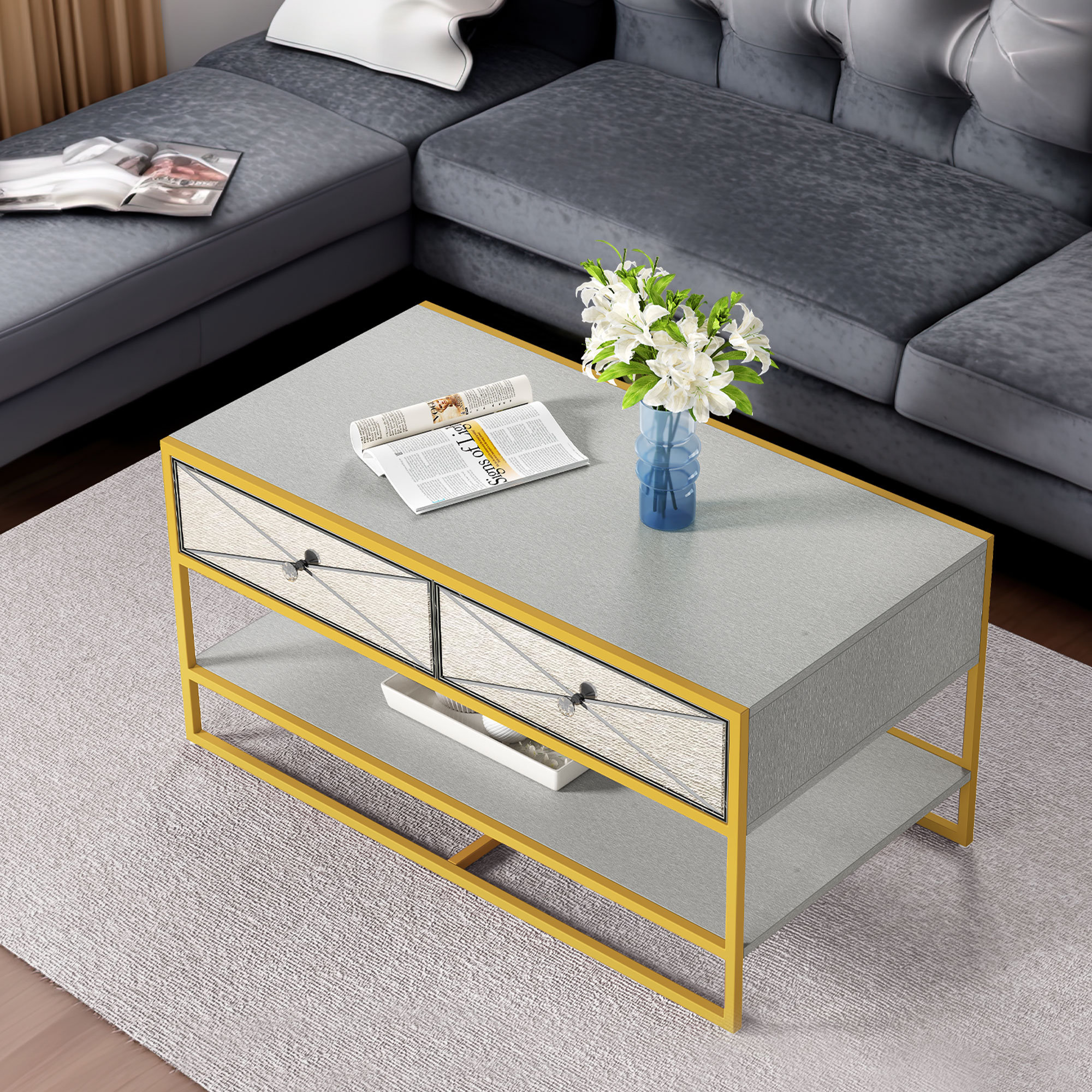 Mercer41 41"W Rectangle Coffee Table With 2 Mirrored Drawer & Storage ...