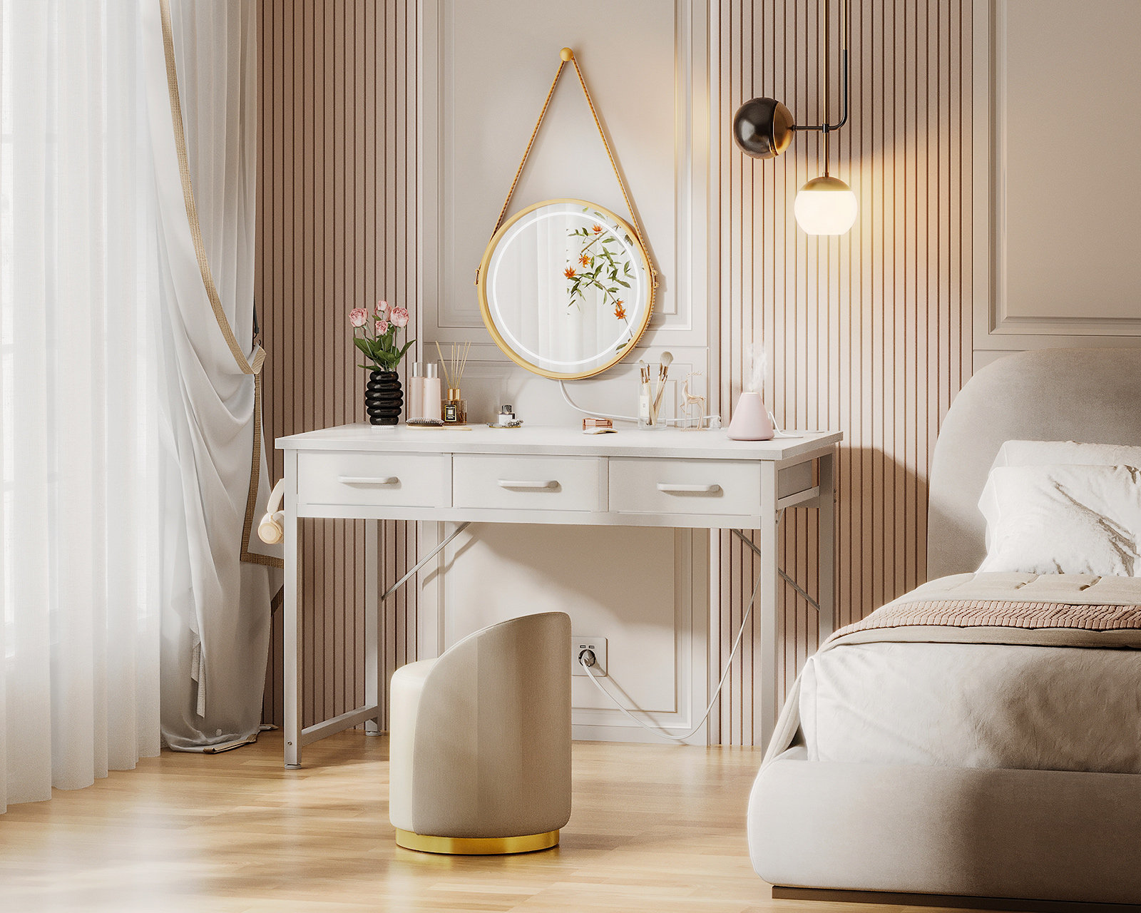 Ebern Designs Computer Desk With 3 Fabric Drawers, Home Office Desk ...