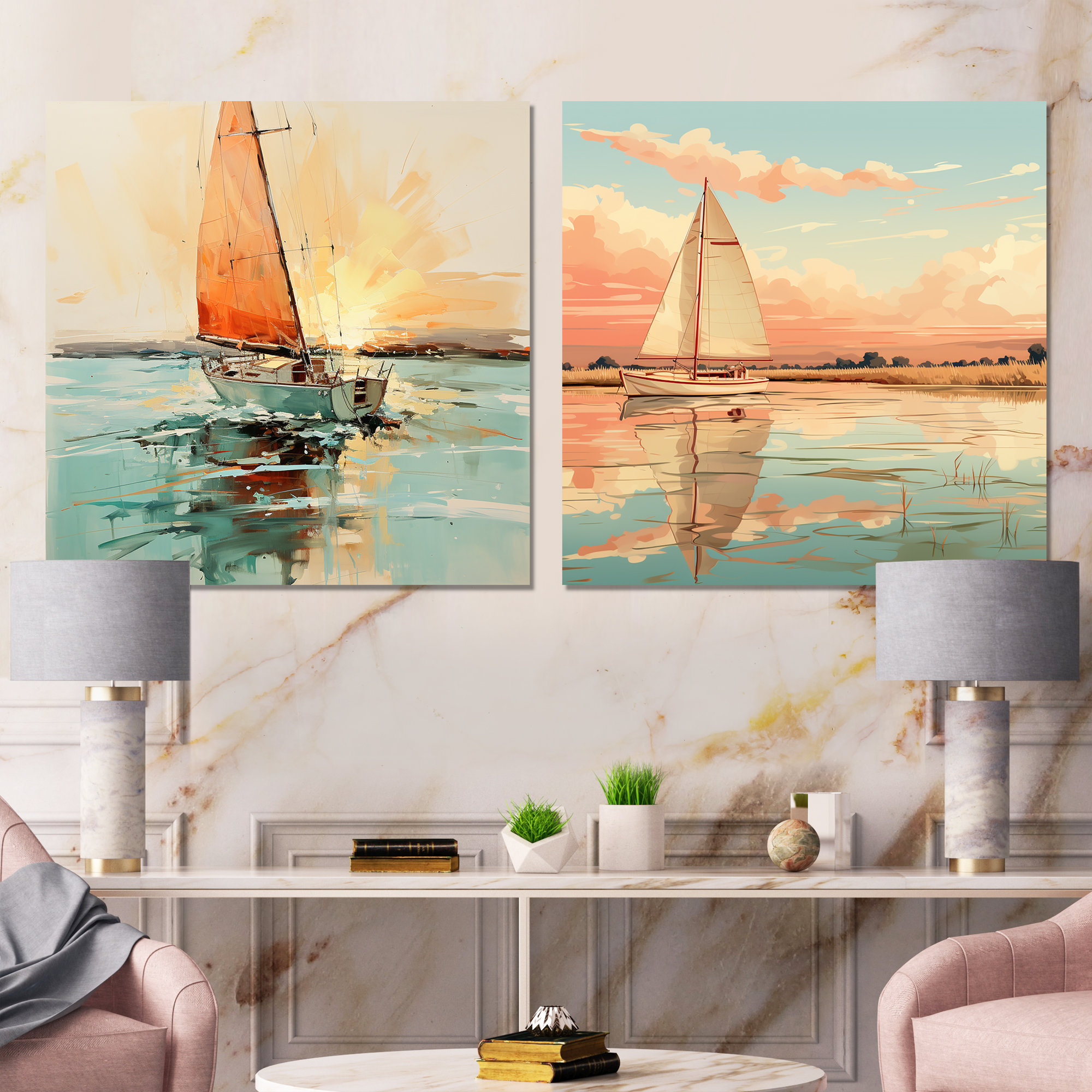 Longshore Tides Orange Sunset Sailing Paint I - Boat Metal Wall Art Living Room Square Set of 2 ...