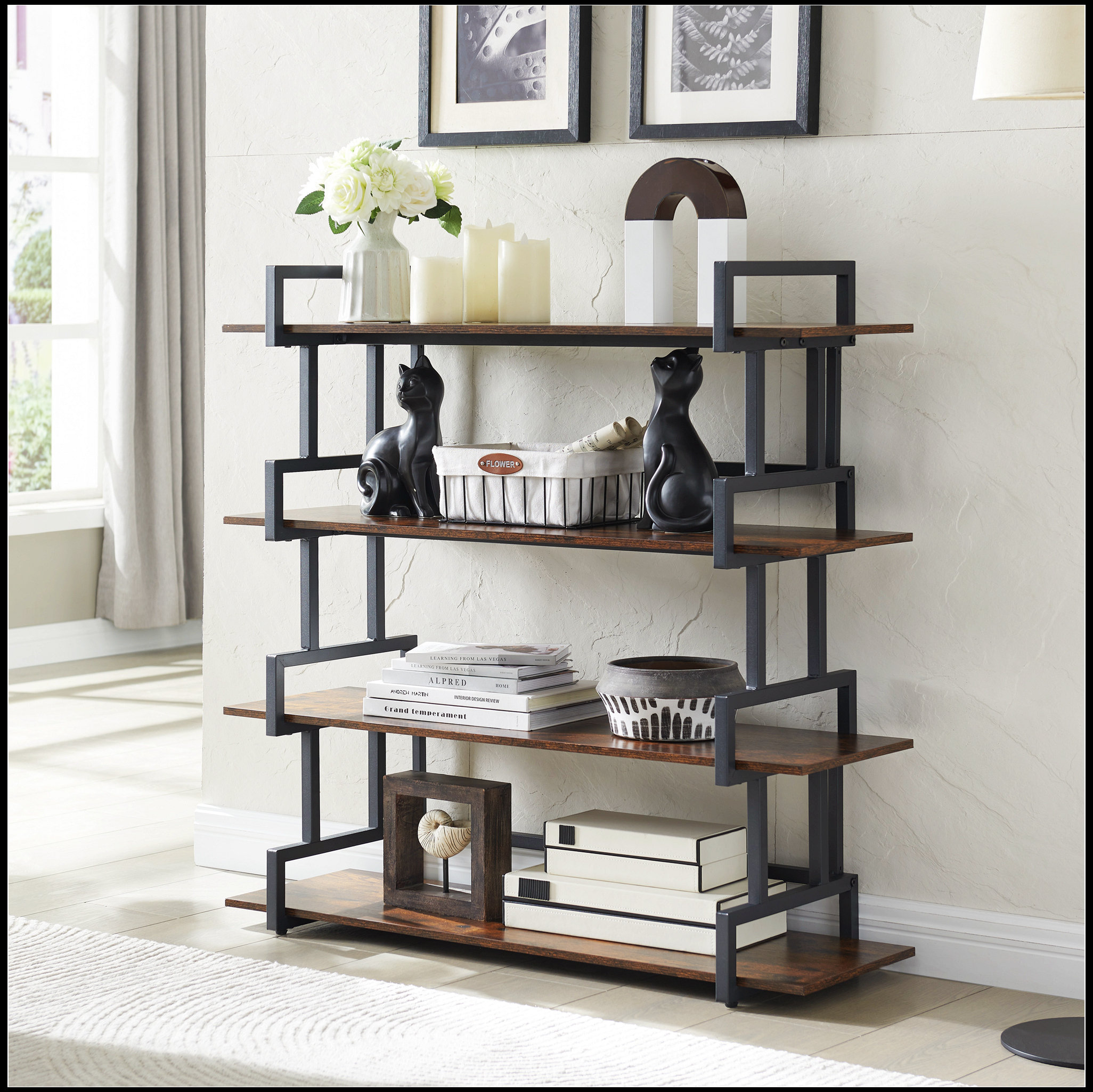 17 Stories 4 Tier Office Bookcase Shelf Rustic Wood Metal Bookshelves ...