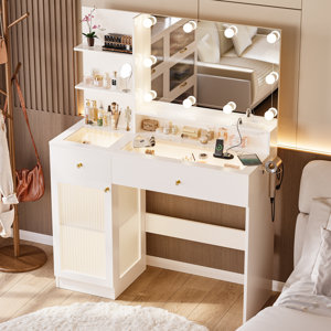 Ebern Designs 40" Modern Makeup Vanity Desk with LED Mirror, Glass Top ...