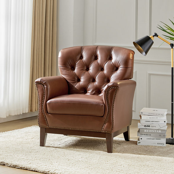 Wildon Home® Nariana Traditional Genuine Leather Chair with Solid Wood ...