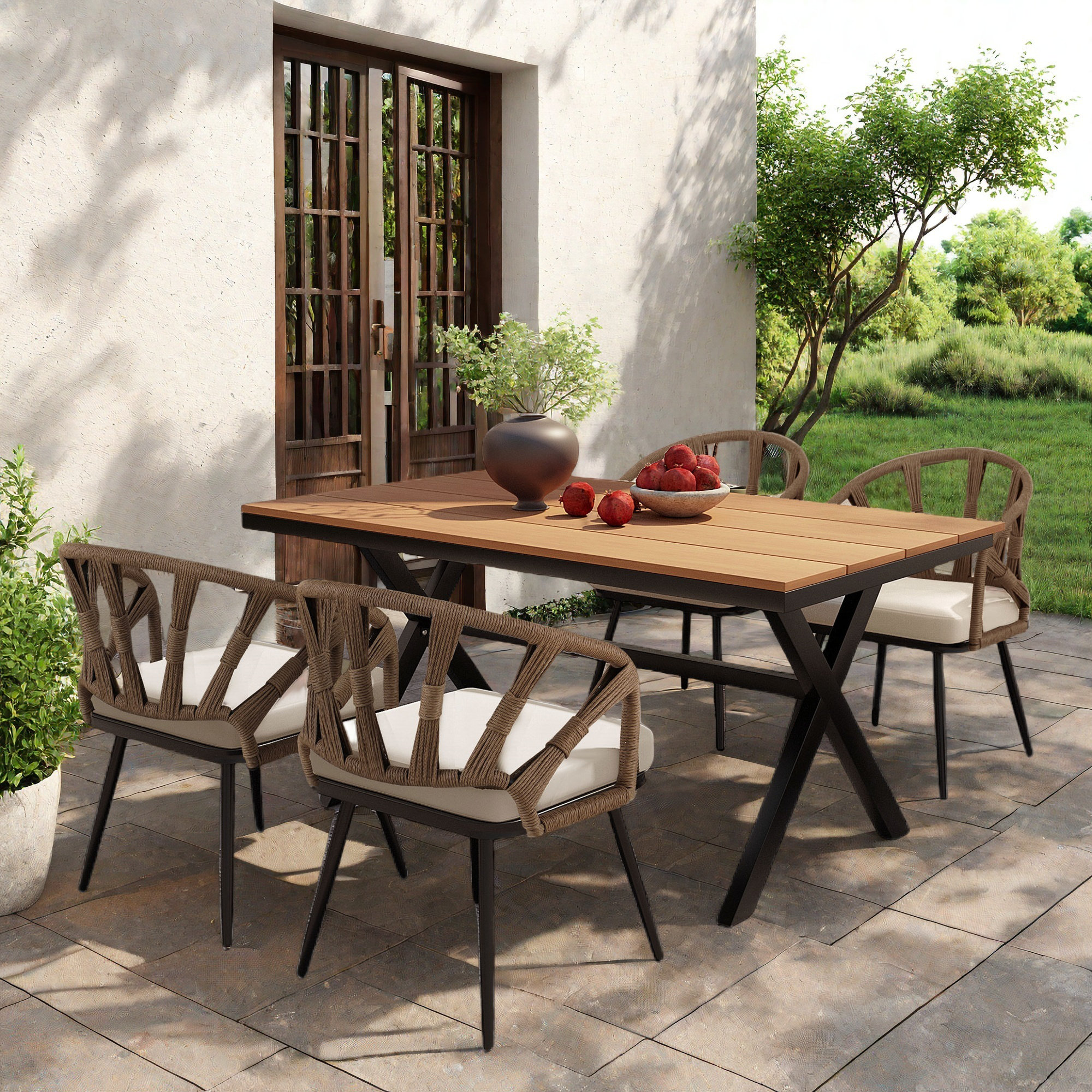 Corrigan Studio® Outdoor Dining Set With 4 Rattan Chairs And 1 Table ...