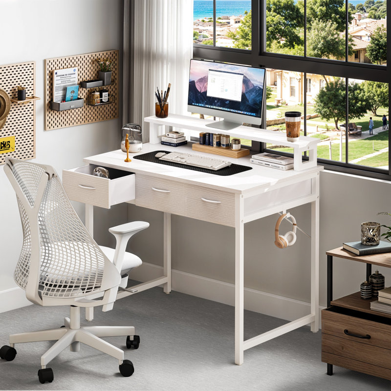 Ebern Designs 3-Drawers Computer Desk with Elevated Monitor Platform ...
